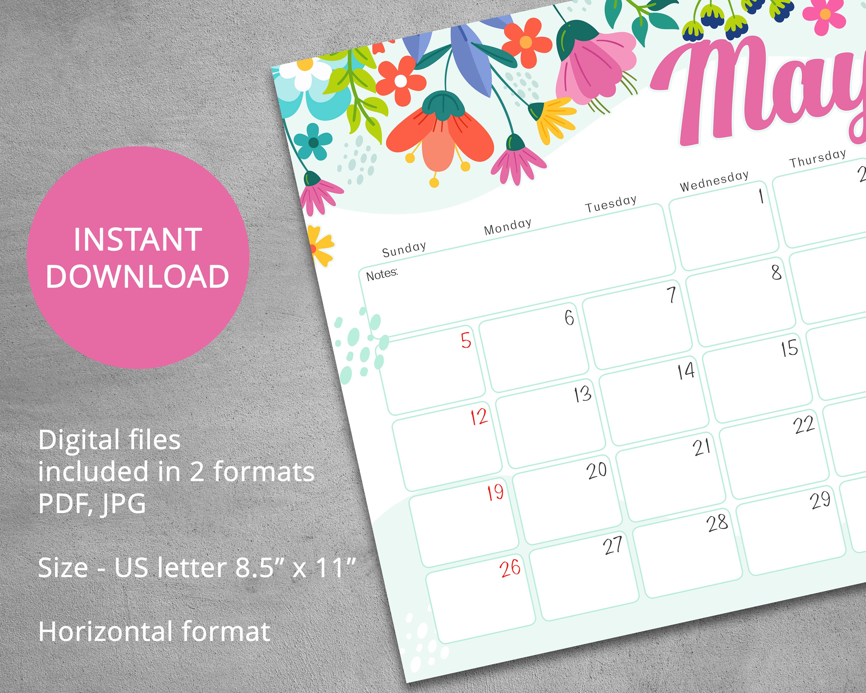 Editable May 2024 Calendar, Floral Spring Wall Calendar 2024, Fillable ...