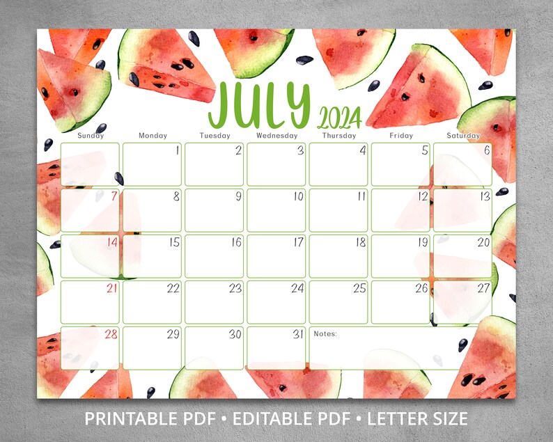Editable July 2024 Calendar, Watercolor Summer Calendar With Delicious ...