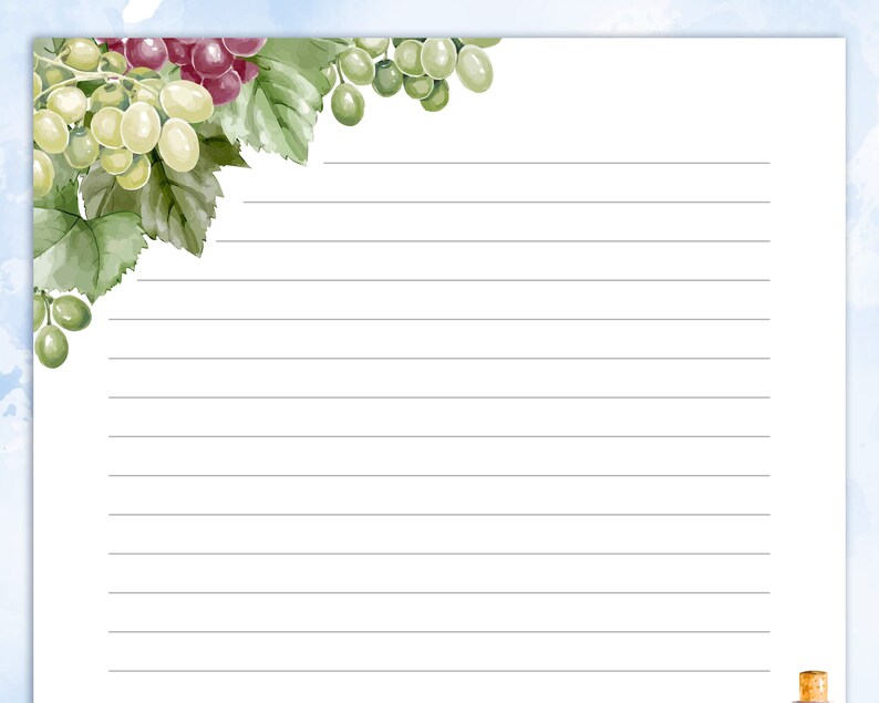 Printable Stationery Lined Paper With Wine, Grapes and Cheese ...