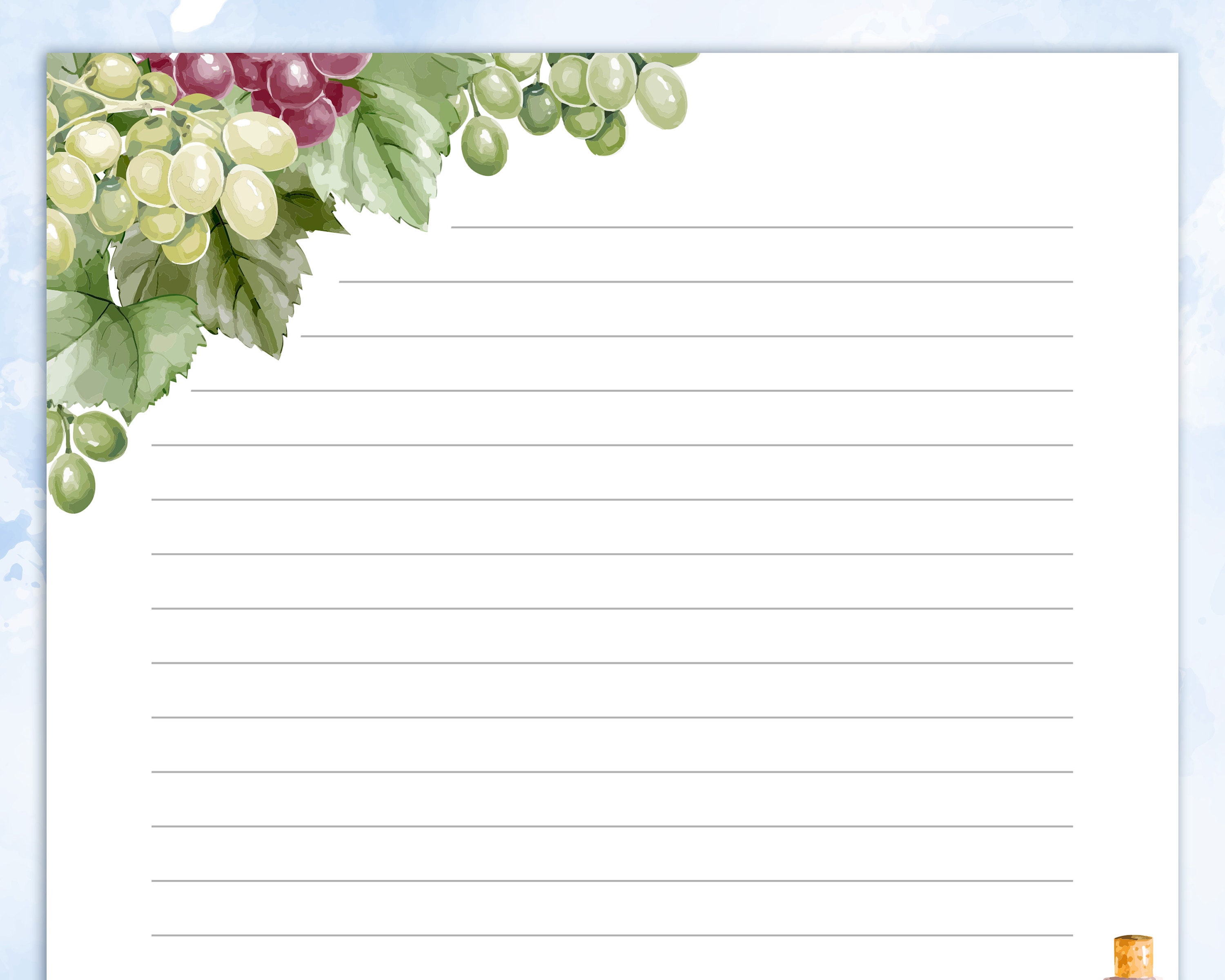 Printable Stationery Lined Paper With Wine, Grapes and Cheese ...