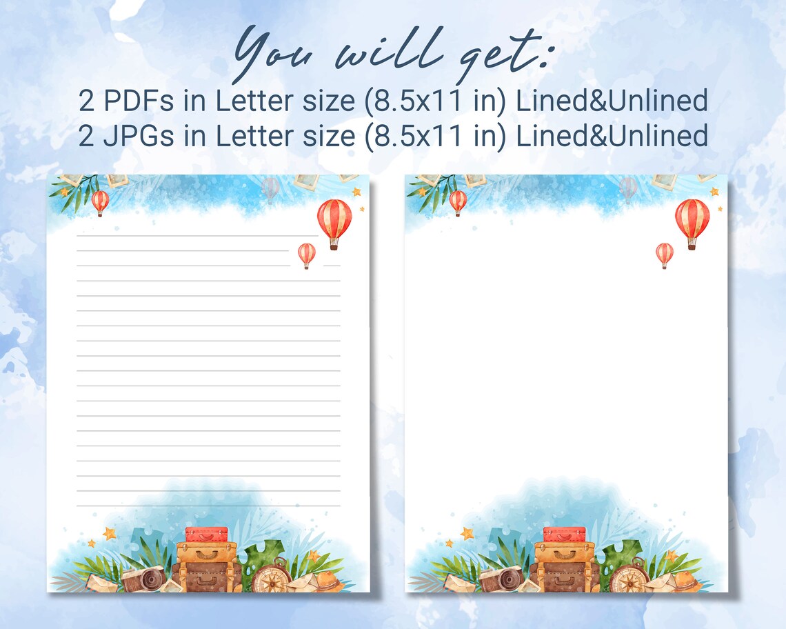 Travel Printable Stationery Lined Paper, Watercolor Travel Printable ...