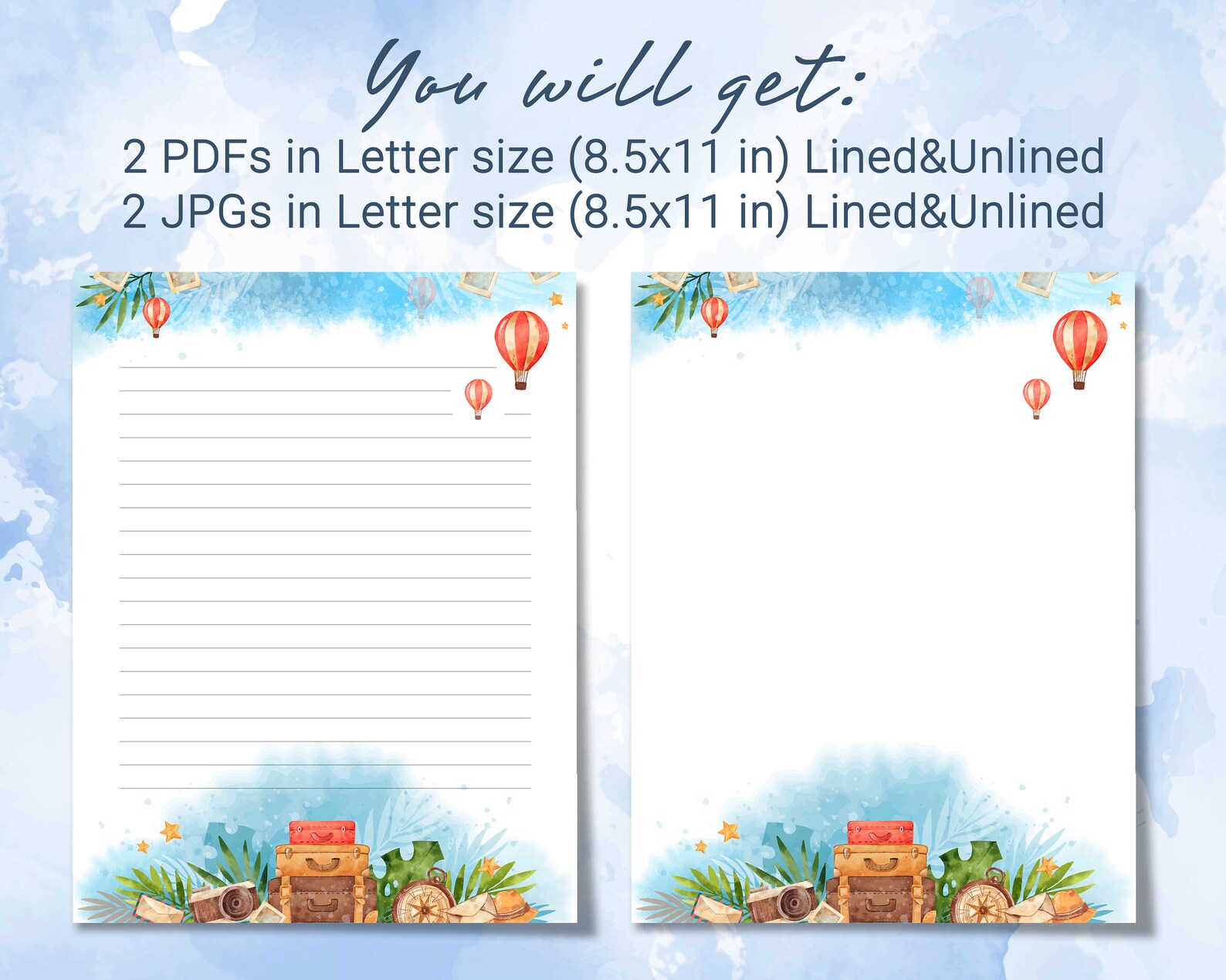 Travel Printable Stationery Lined Paper, Watercolor Travel Printable ...