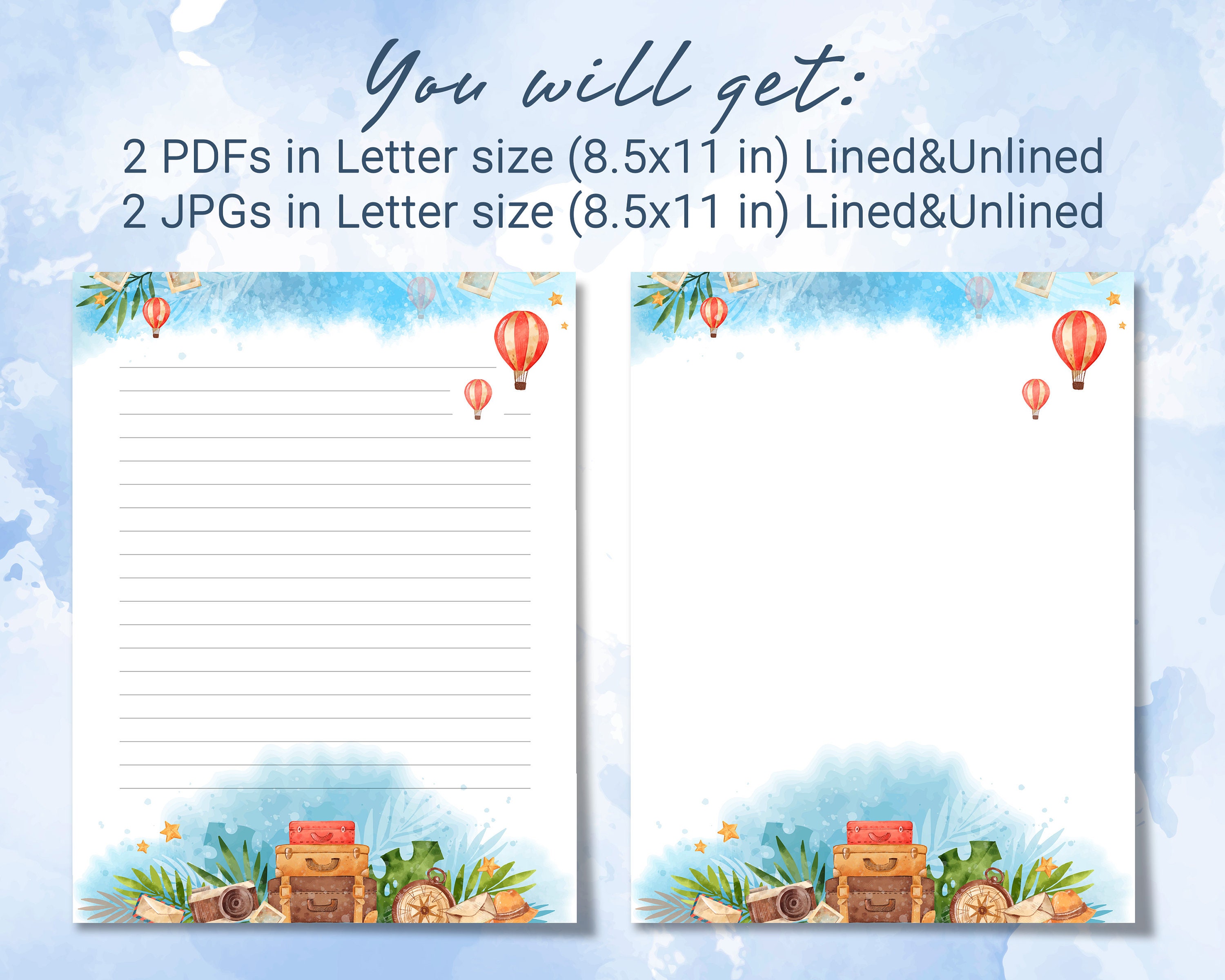 Travel Printable Stationery Lined Paper, Watercolor Travel Printable ...