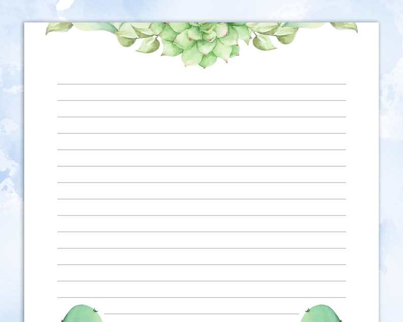 Floral Succulent Printable Stationery Lined Paper, Printable Writing ...