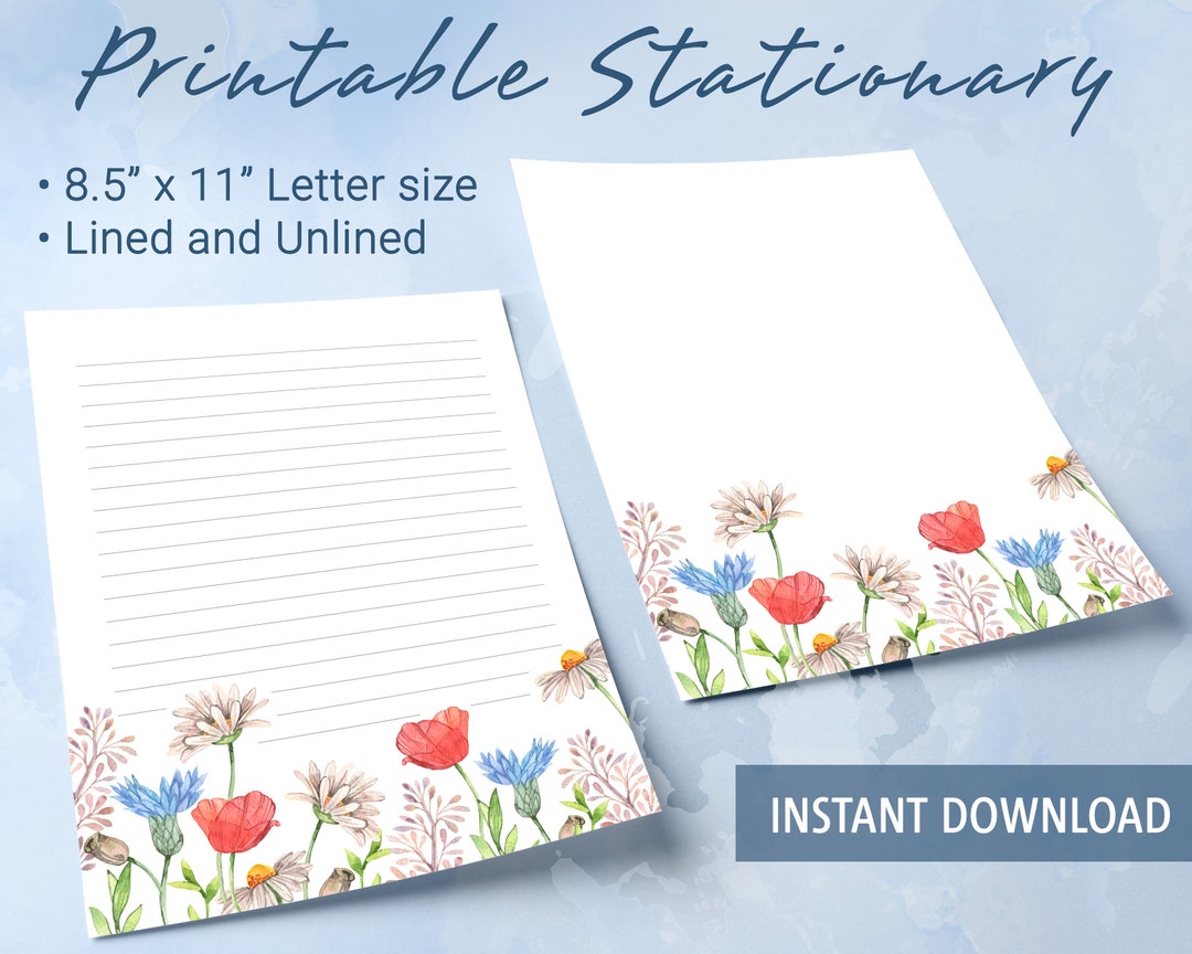 Floral Printable Stationery Lined Paper, Watercolor Wildflowers ...