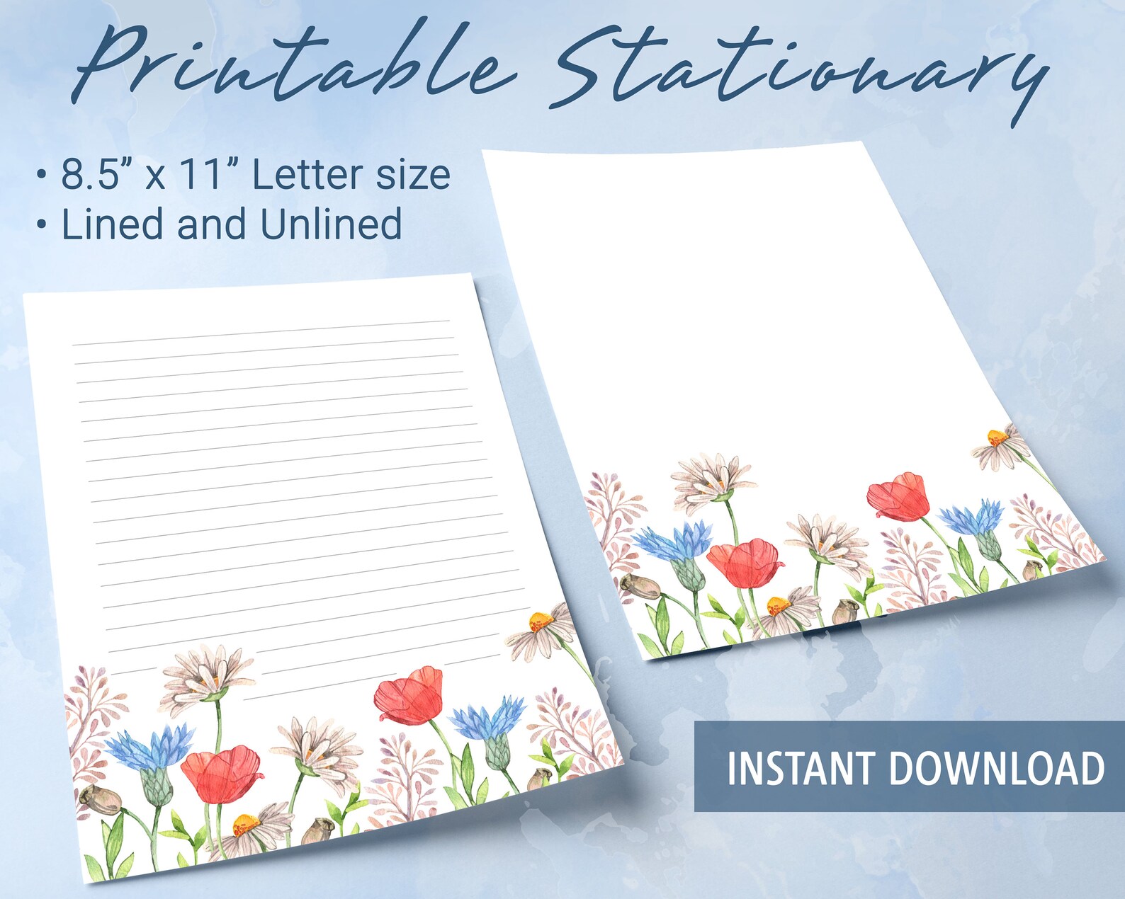 Floral Printable Stationery Lined Paper, Watercolor Wildflowers ...