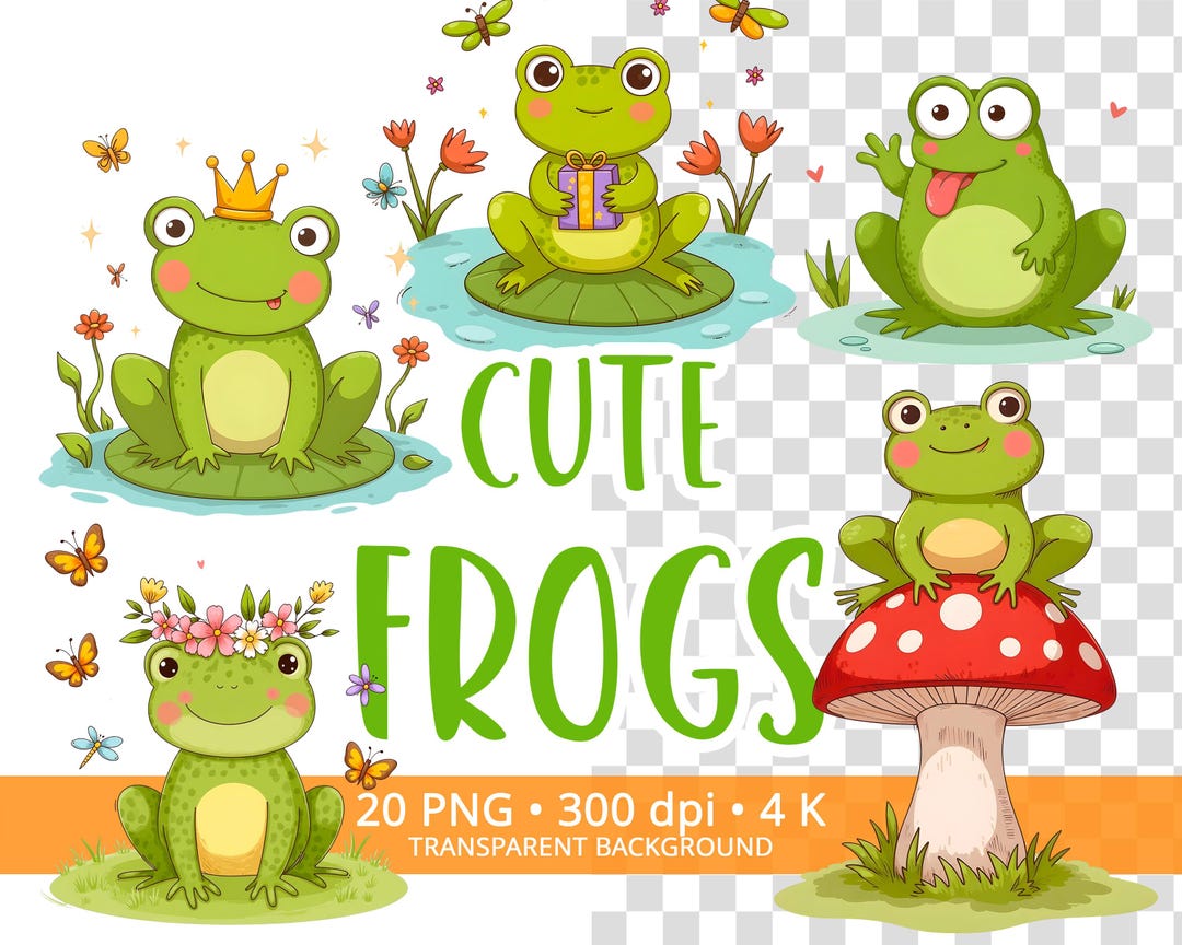 Cute Frog Clipart Bundle 20 PNG, Funny Kawaii Frogs With Flowers ...