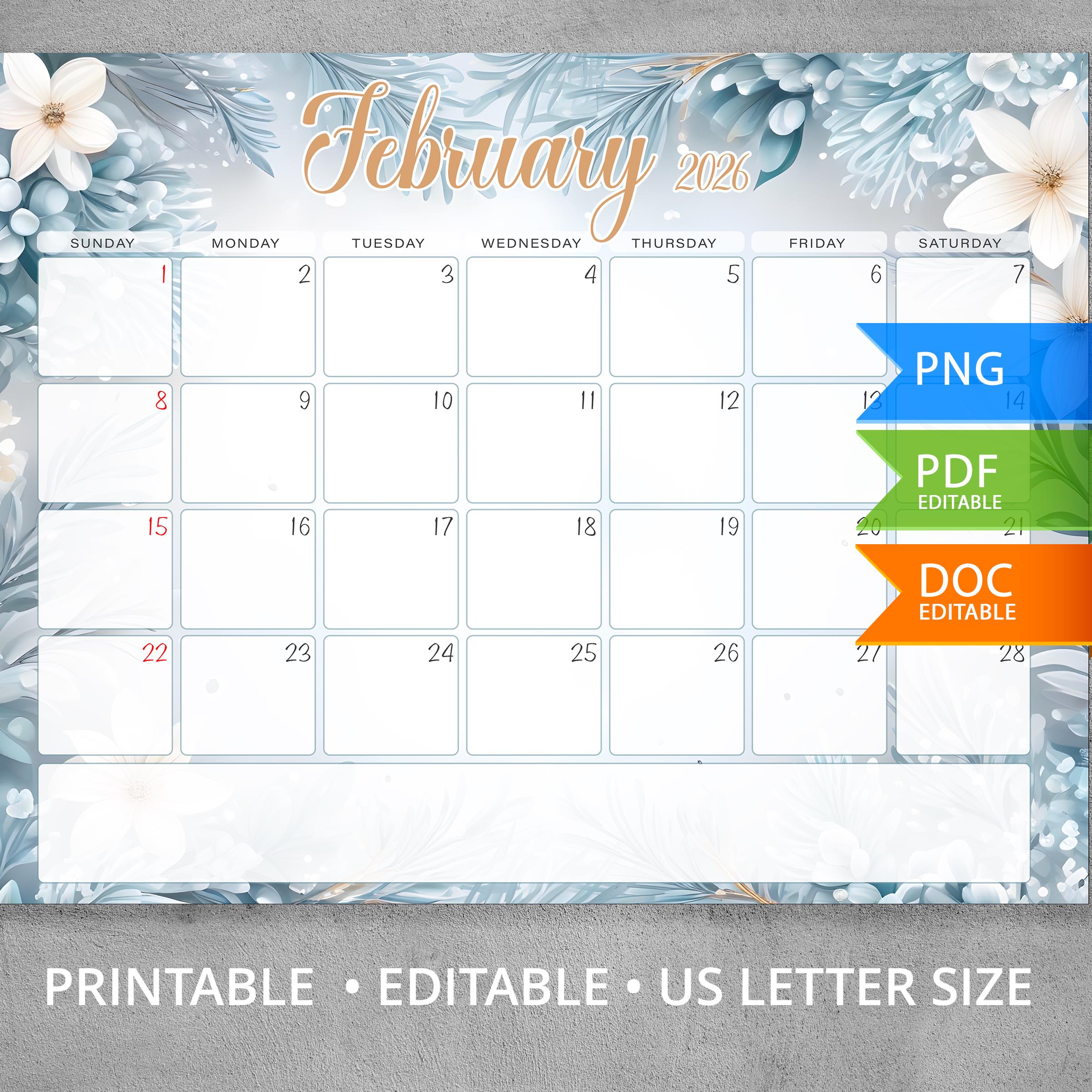 Editable February 2026 Calendar, Printable Blue Winter Floral Monthly ...