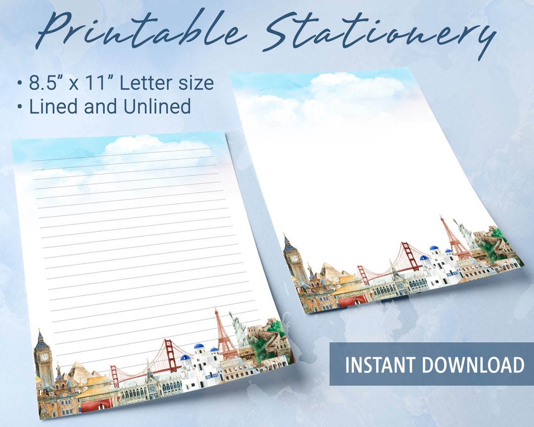 Printable Stationery Lined Paper With Set of Famous Landmark, Printable ...