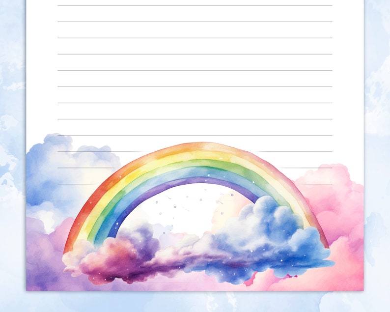 Printable Stationery Lined Paper With Watercolor Rainbow in the Sky ...