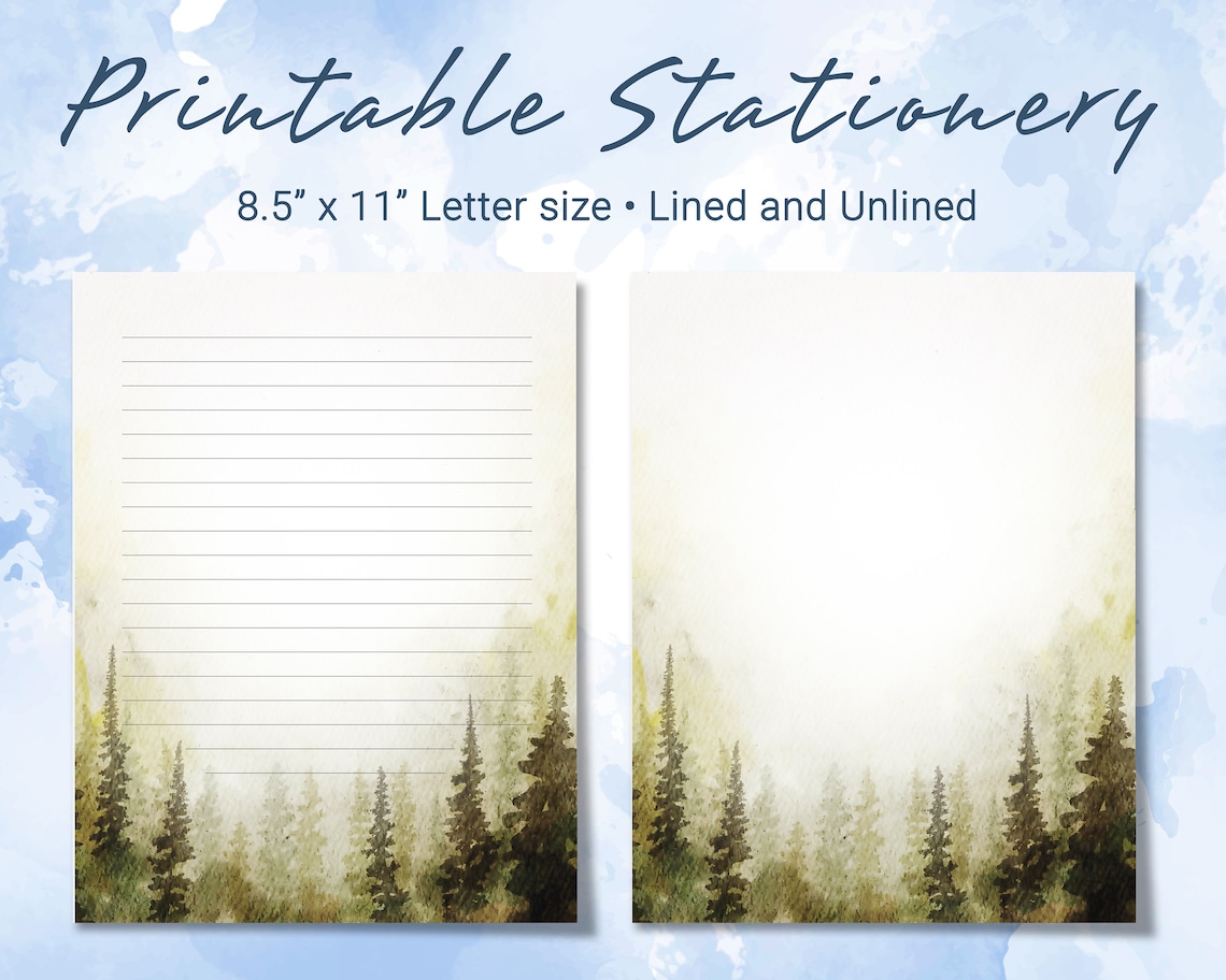 Printable Stationery Lined Paper With Beautiful Watercolor Misty Pine ...