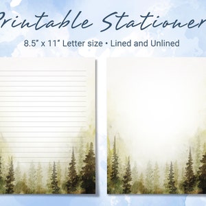 Printable Stationery Lined Paper With Beautiful Watercolor Misty Pine ...