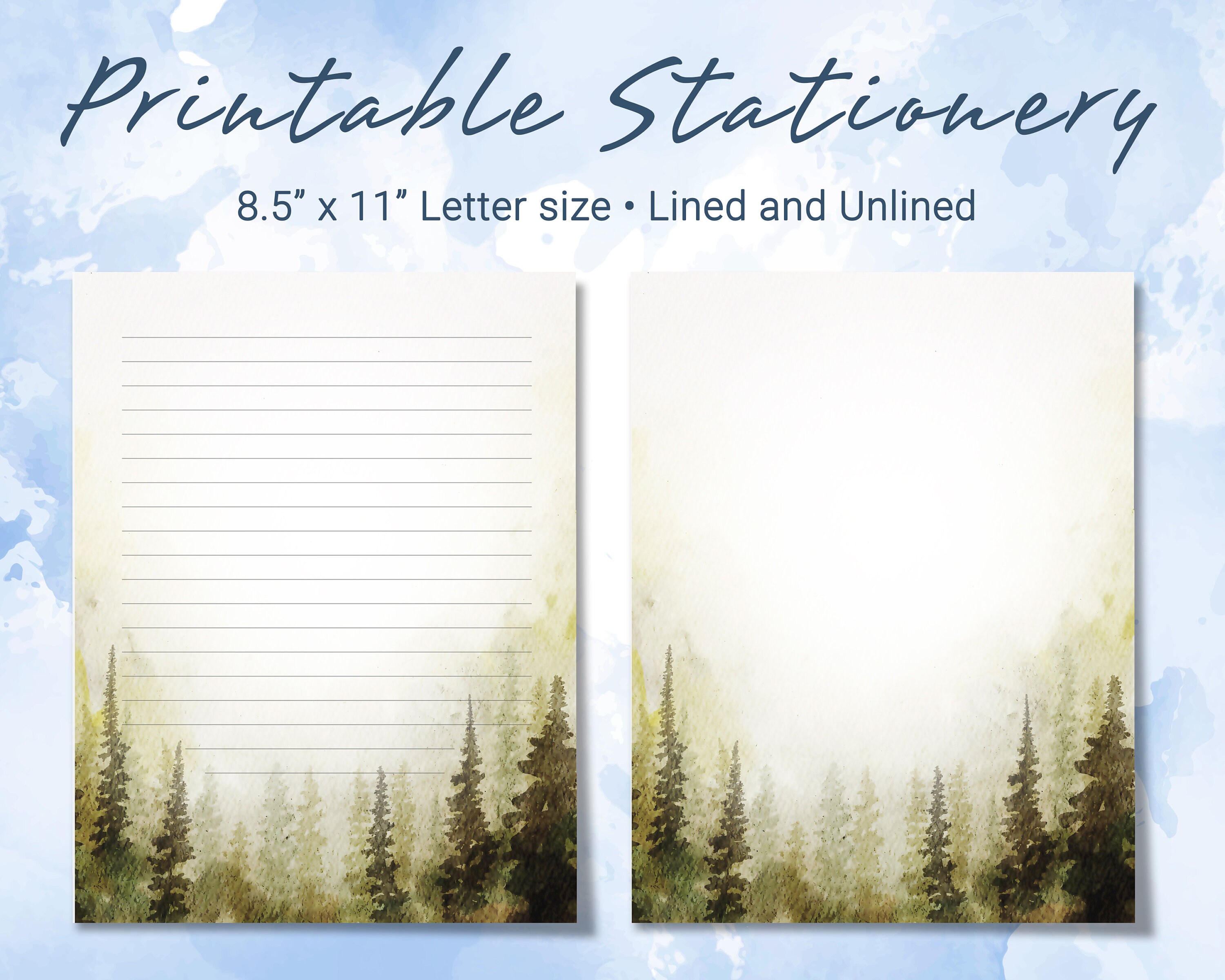 Printable Stationery Lined Paper With Beautiful Watercolor Misty Pine ...
