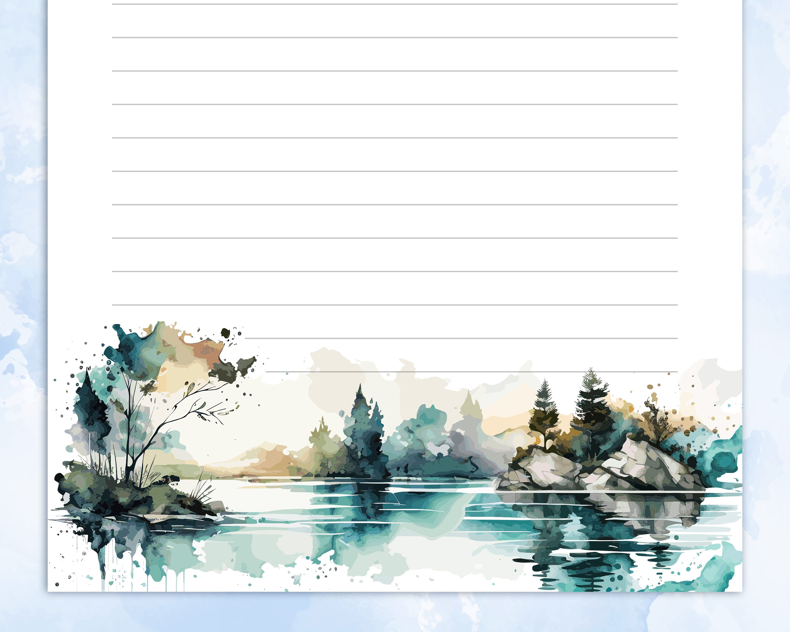 Printable Stationery Lined Paper With Mountain Landscape, Printable ...