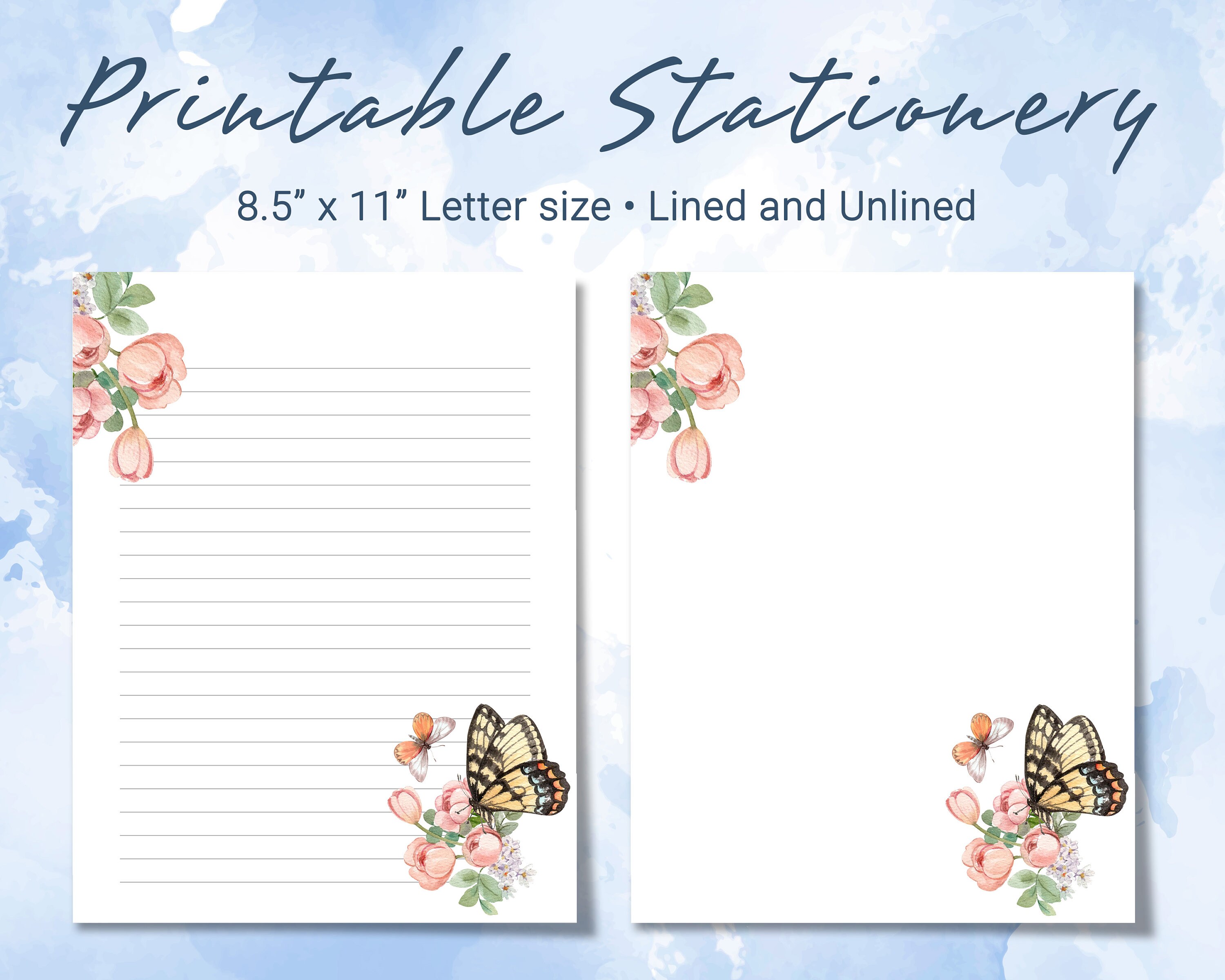 Butterfly Printable Stationery, Letter Writing Stationery, Lined and ...