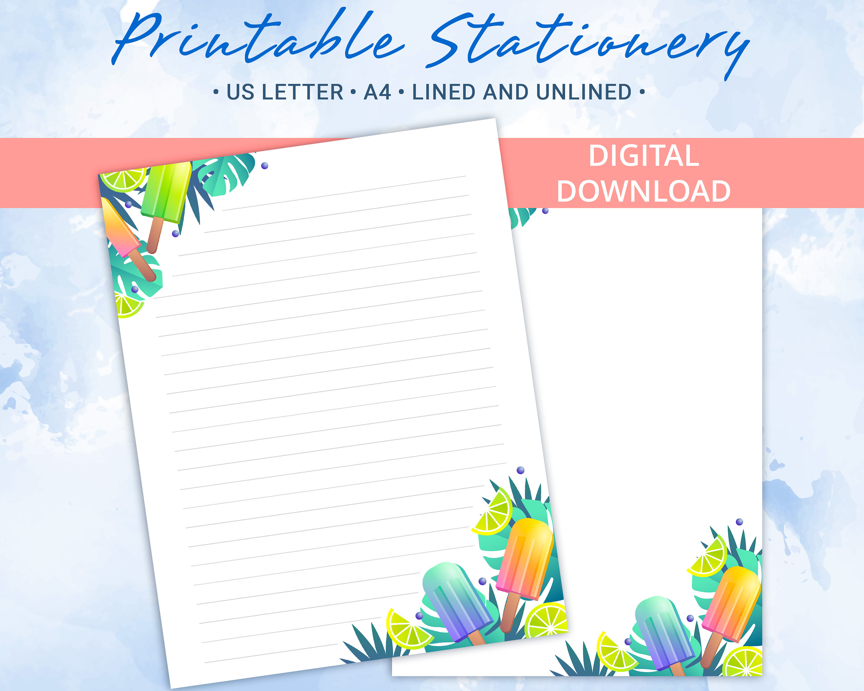 Printable Stationery Lined Paper, Letter Writing Paper With Ice Cream ...