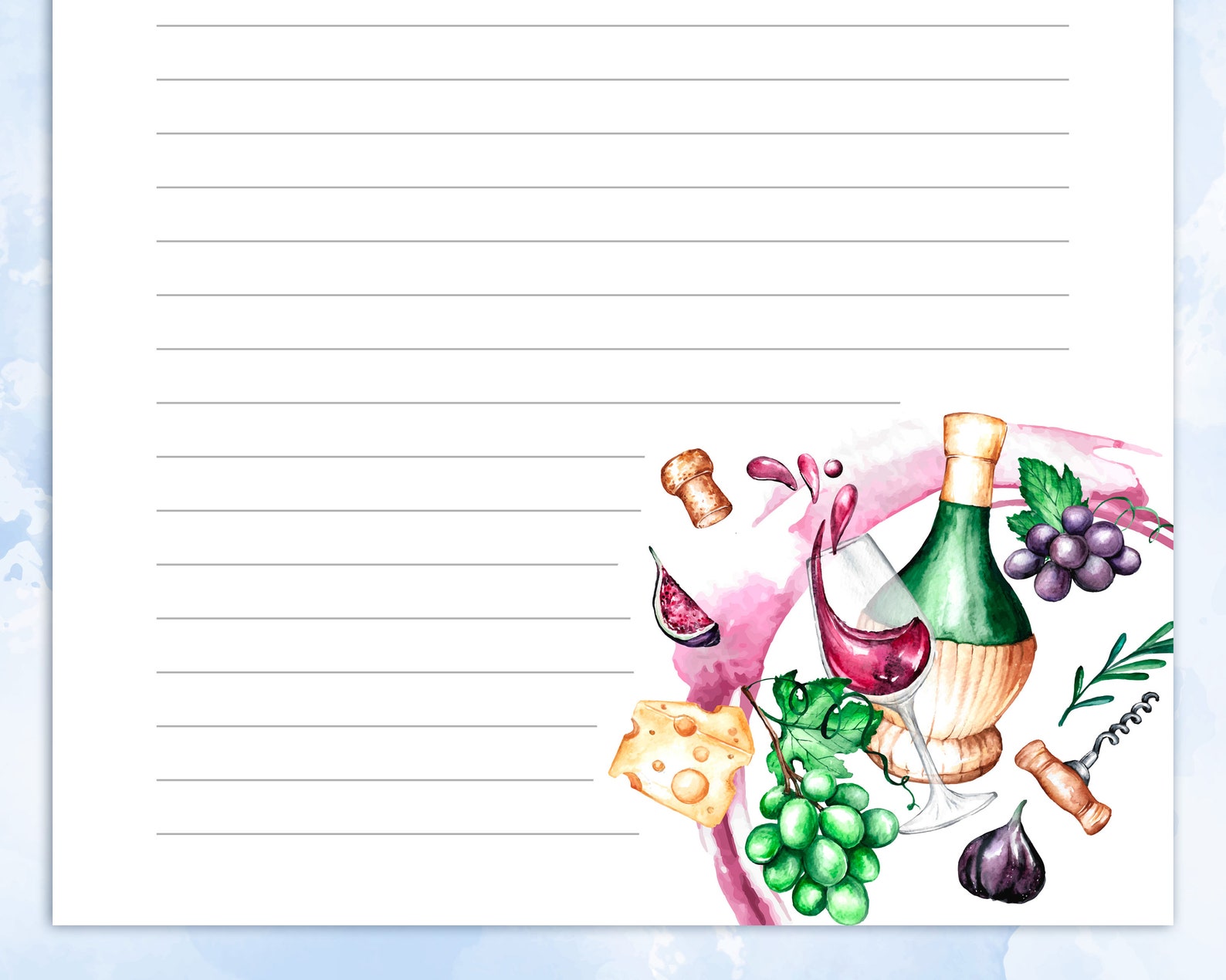 Printable Stationery Lined Paper With Wine, Grapes and Cheese ...