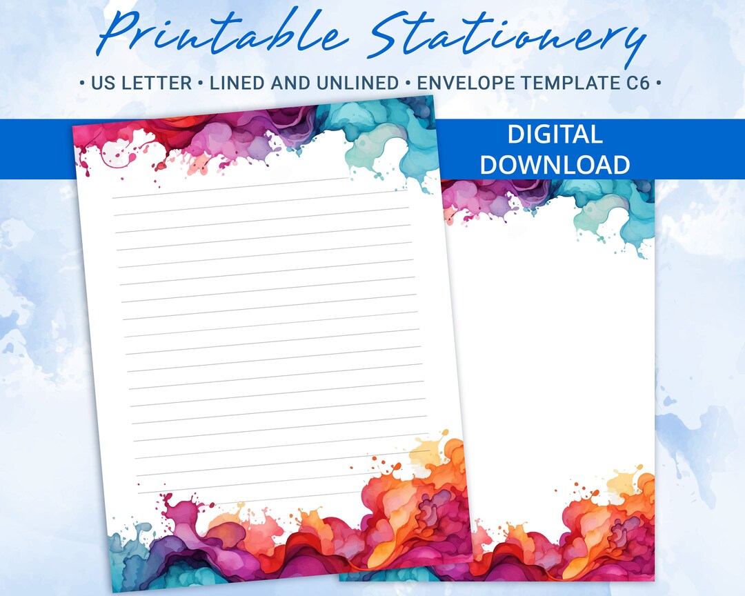 Printable Stationery Paper With Rainbow Blots and Splashes, Printable ...