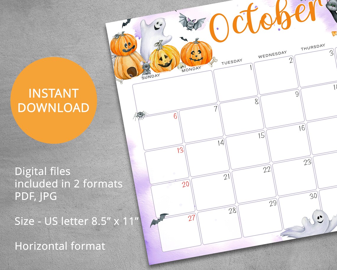 Editable October 2024 Calendar, Cute Halloween Wall Calendar With ...