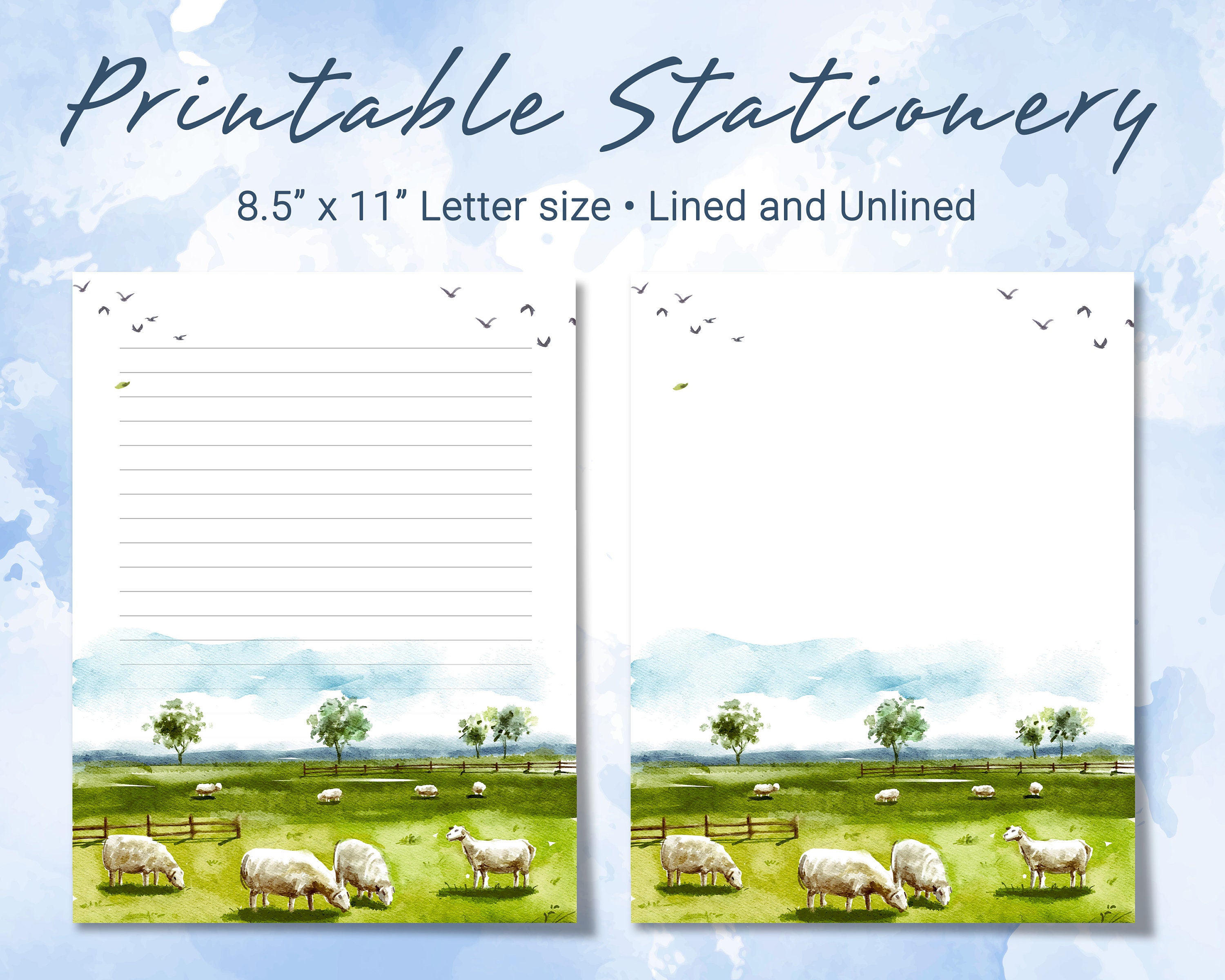 Printable Stationery Lined Paper With Watercolor Sheep Farm in Savannah ...