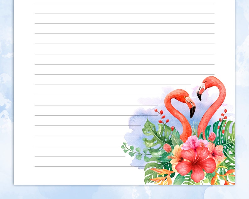 Floral Printable Stationery Lined Paper, Watercolor Flamingos Bouquet ...