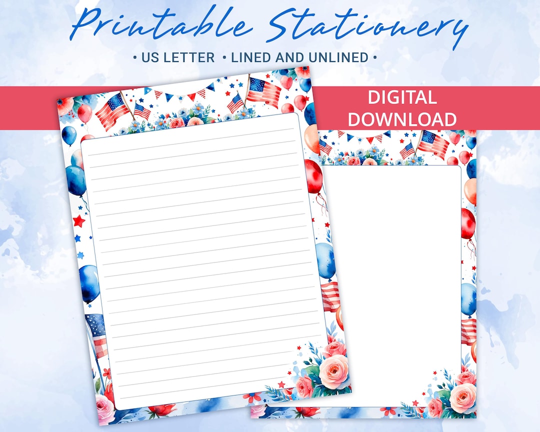 Printable Stationery Lined Paper, Letter Writing Paper4th of July ...
