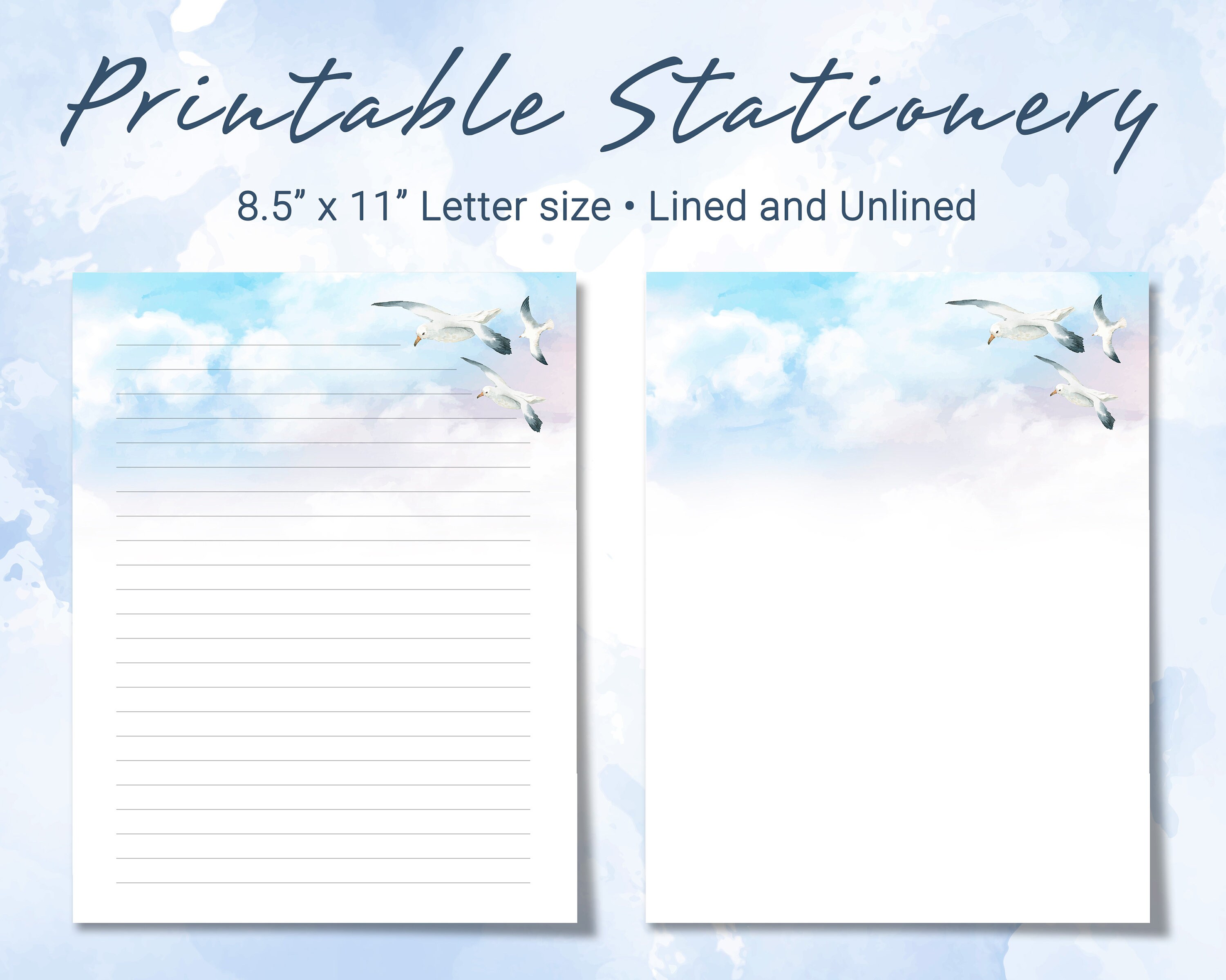 Printable Stationery Lined Paper With Seagulls Flying in the Sky ...