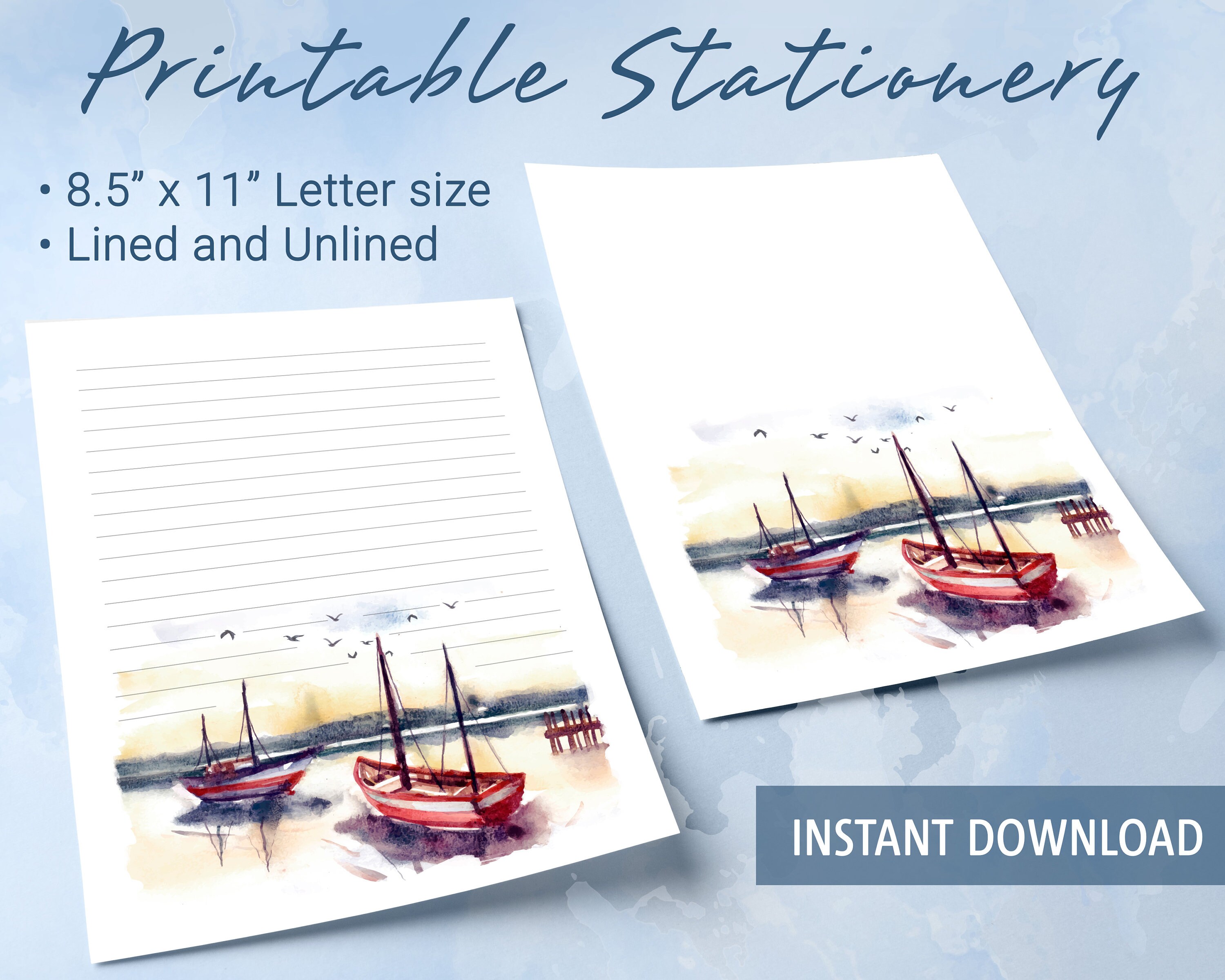 Printable Stationery With of Sunset Nature Landscape With Harbor and ...