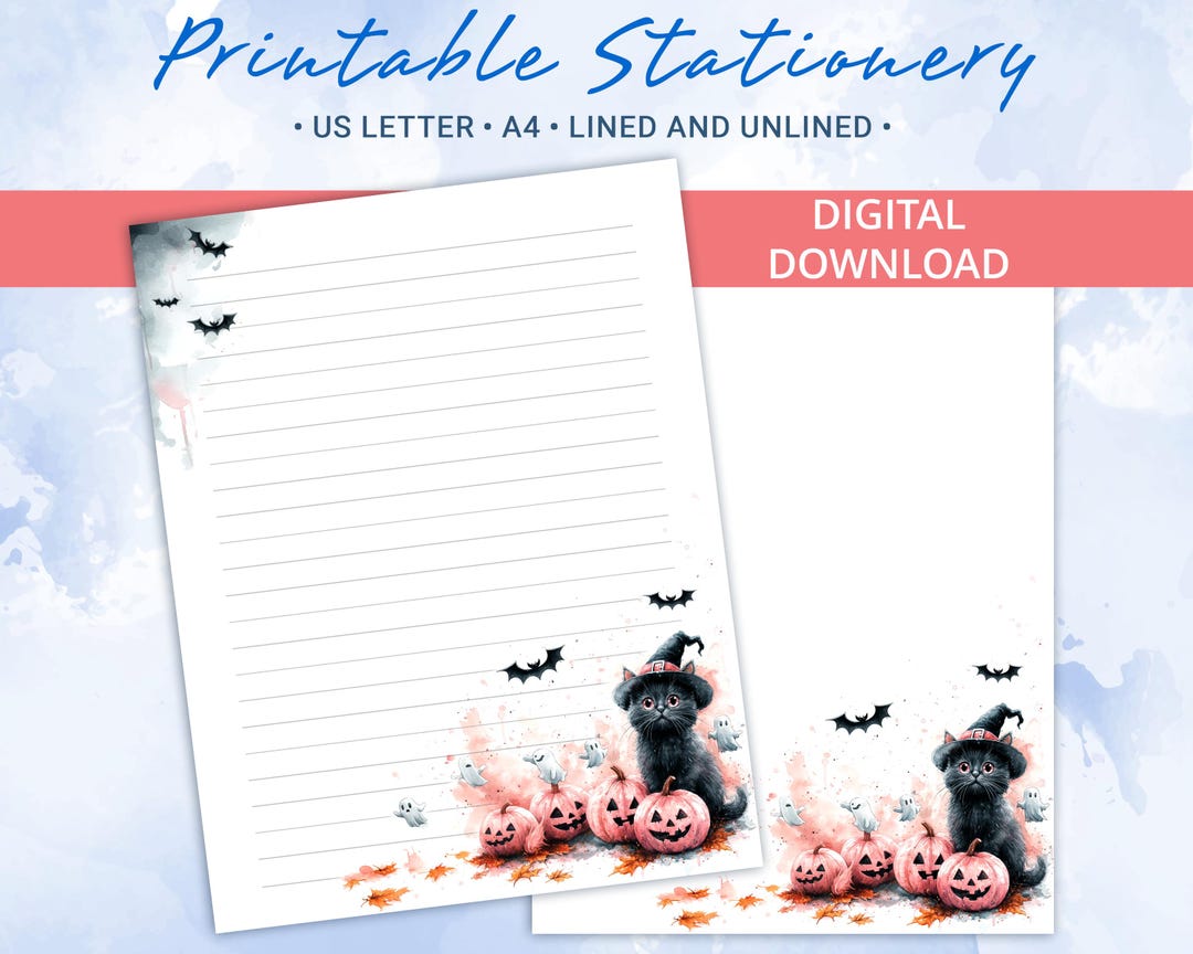 Pink Halloween Printable Stationery Lined Paper, Letter Writing Paper ...