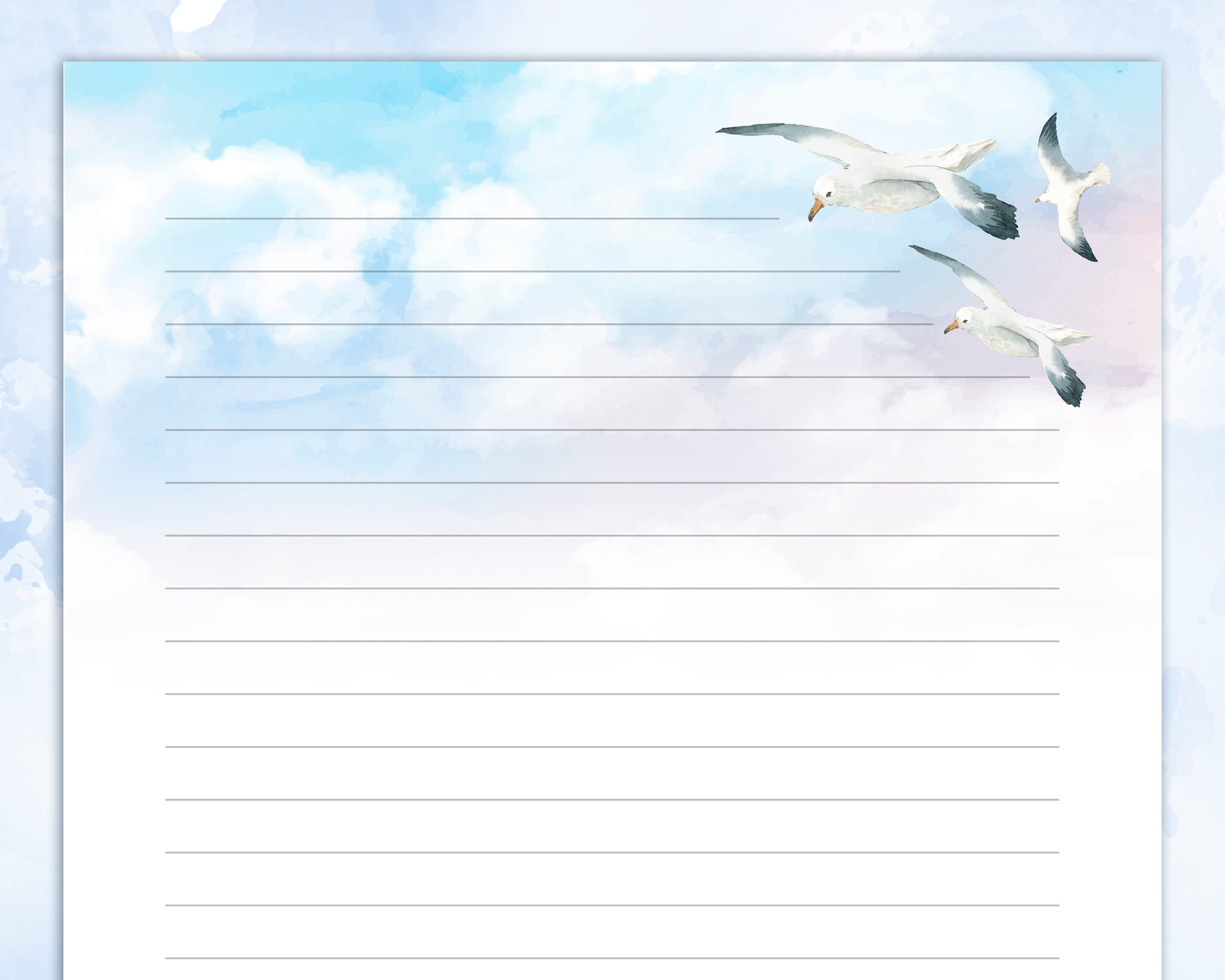 Printable Stationery Lined Paper With Seagulls Flying in the Sky ...