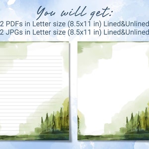 Printable Stationery Lined Paper With Mountain View Watercolor ...