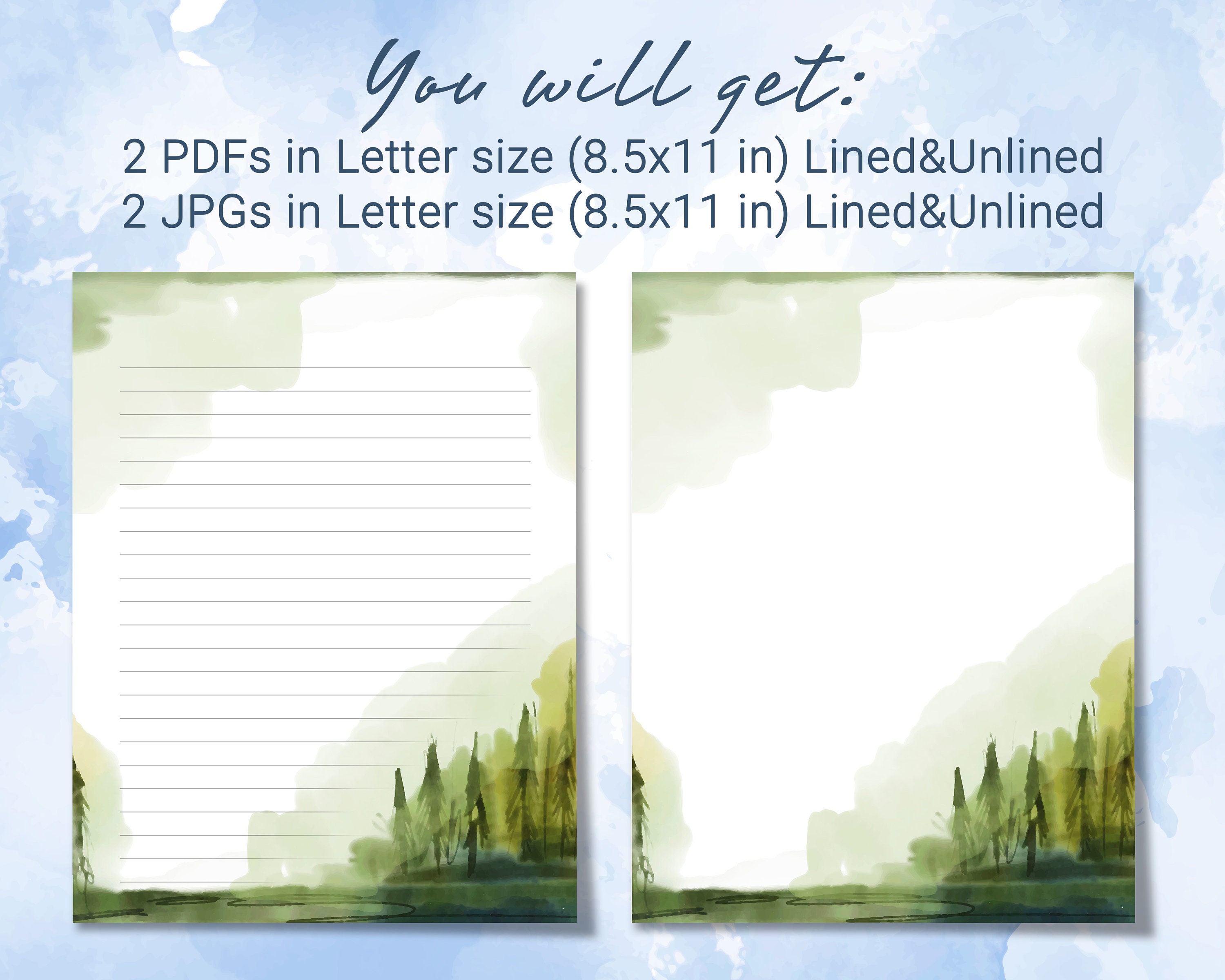 Printable Stationery Lined Paper With Mountain View Watercolor ...