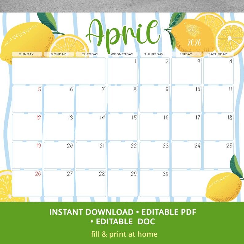 Editable April 2026 Lemon Calendar, Printable Monthly Planner PDF ...