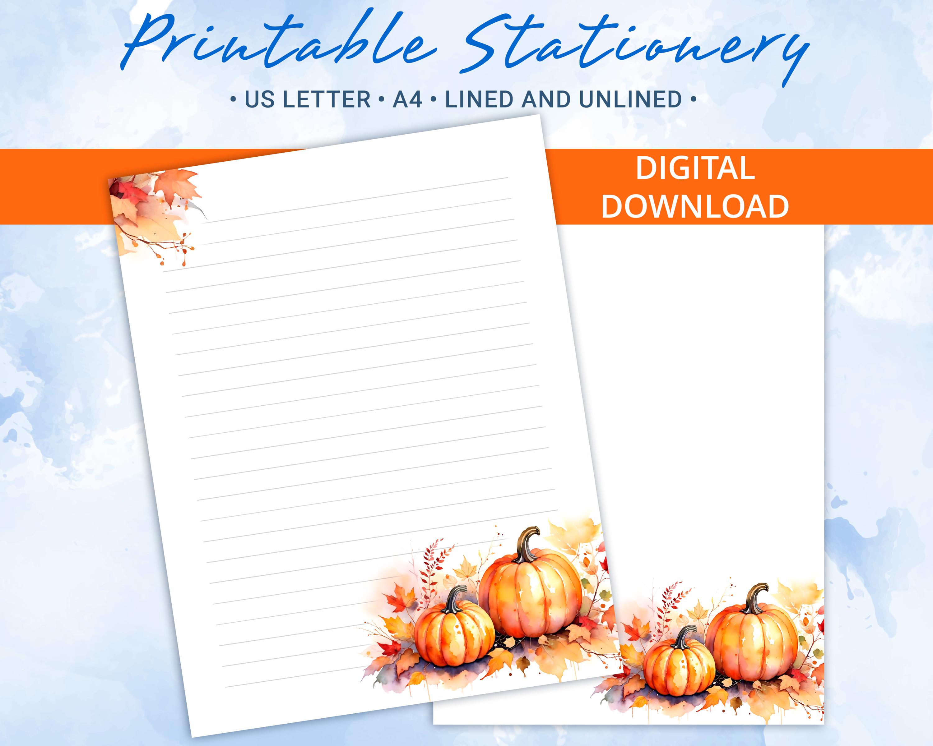 Pumpkin Printable Stationery Lined Paper, Printable Writing Paper With ...