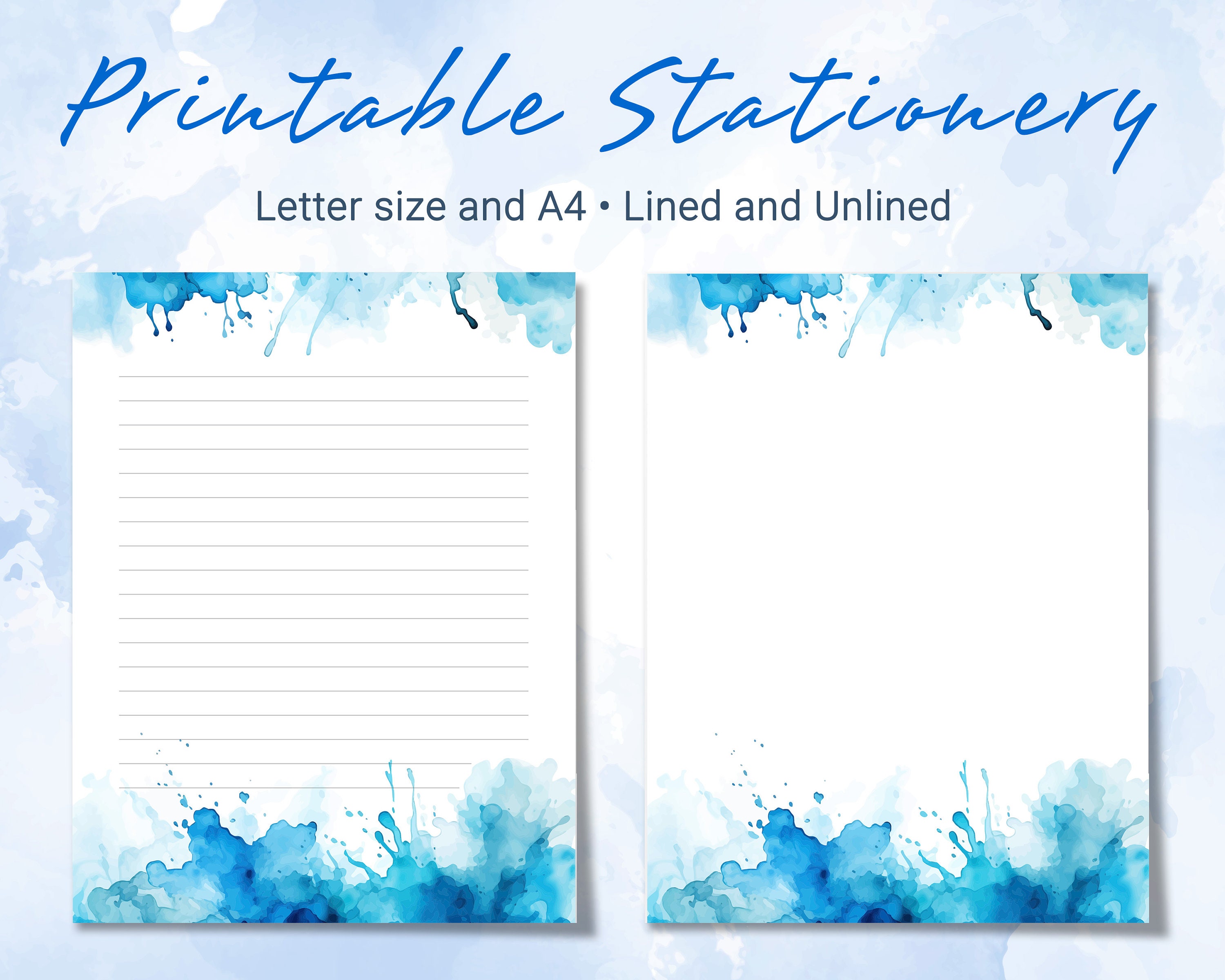 Printable Stationery With Blue Vibrant Watercolor Design, A4 & US ...