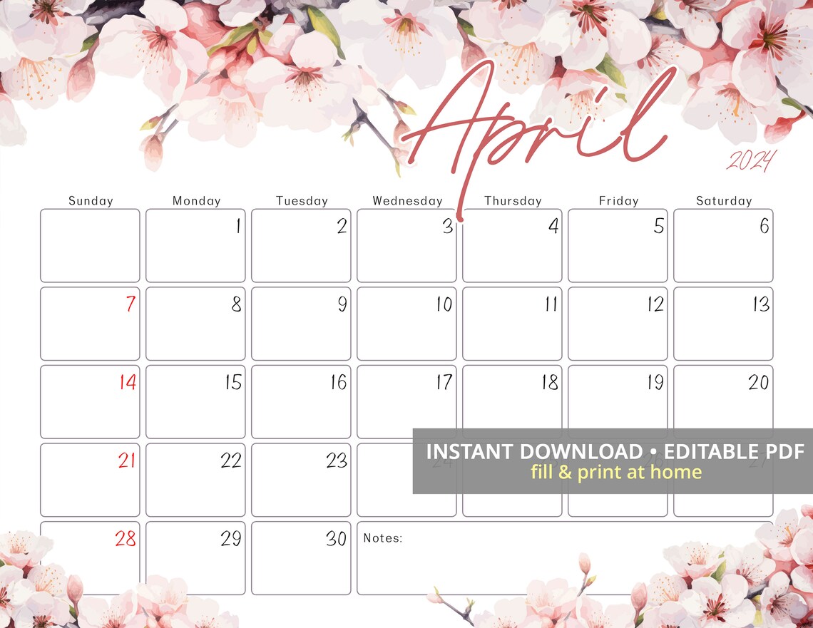 Editable April 2024 Calendar, Floral Printable Fillable Planner With ...