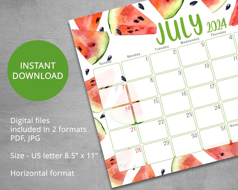 Editable July 2024 Calendar, Watercolor Summer Calendar With Delicious ...
