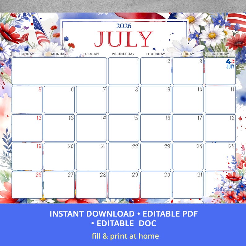 Editable July 2026 Calendar, Patriotic 4th of July Printable Planner - Etsy