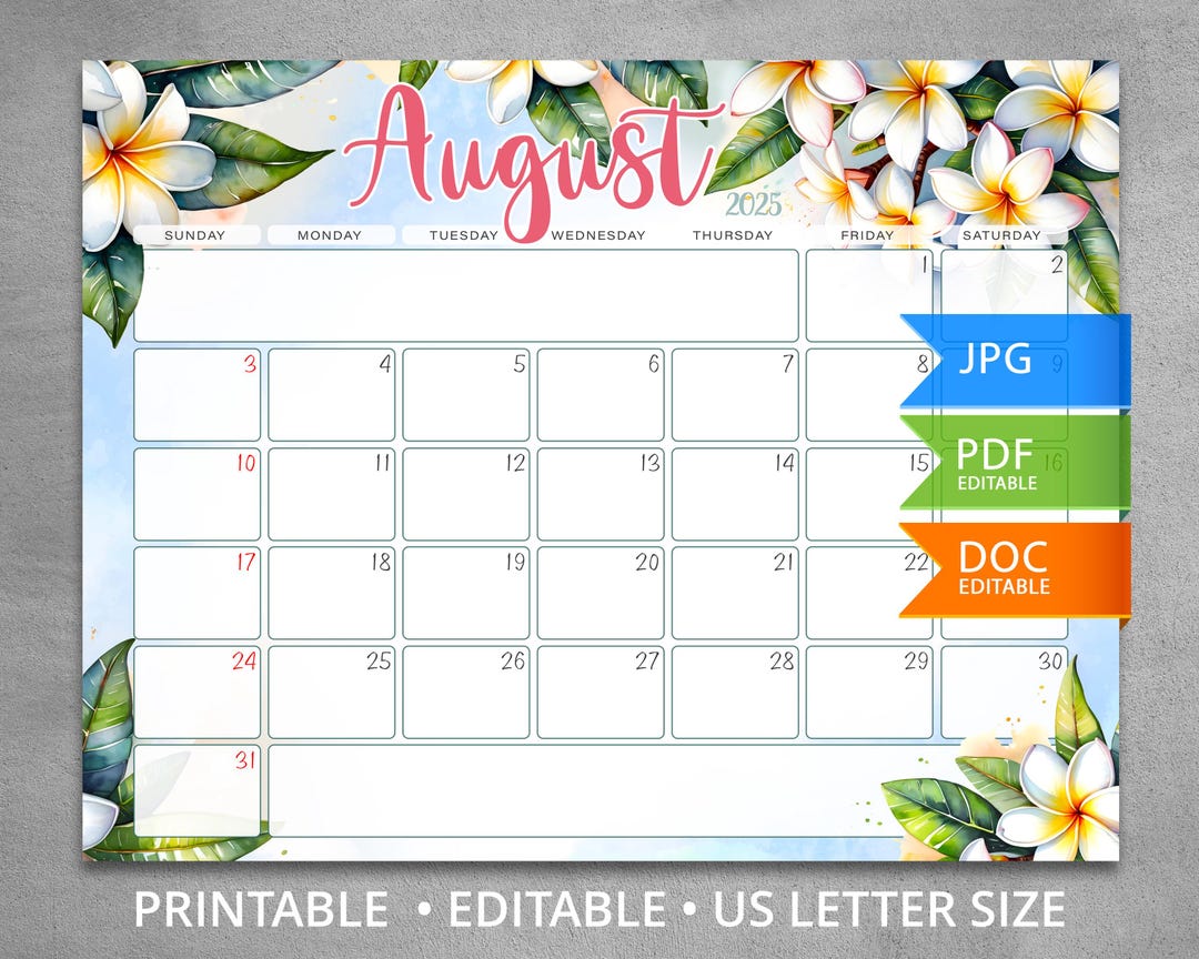 Buy Editable August 2025 Printable Calendar, Floral Fillable Monthly ...