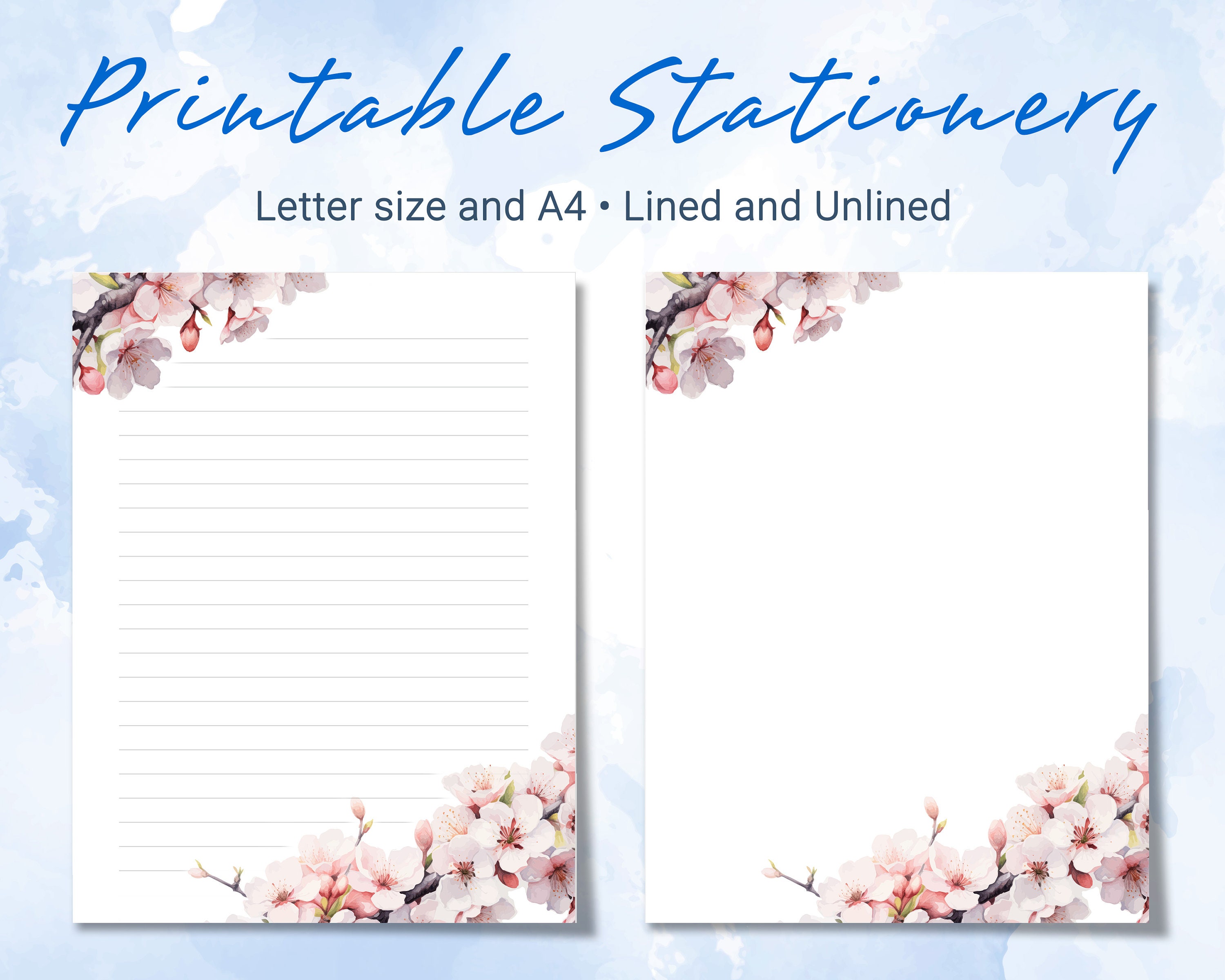 Printable Stationery With Cherry Blossom Flowers, A4 & US Letter Size ...