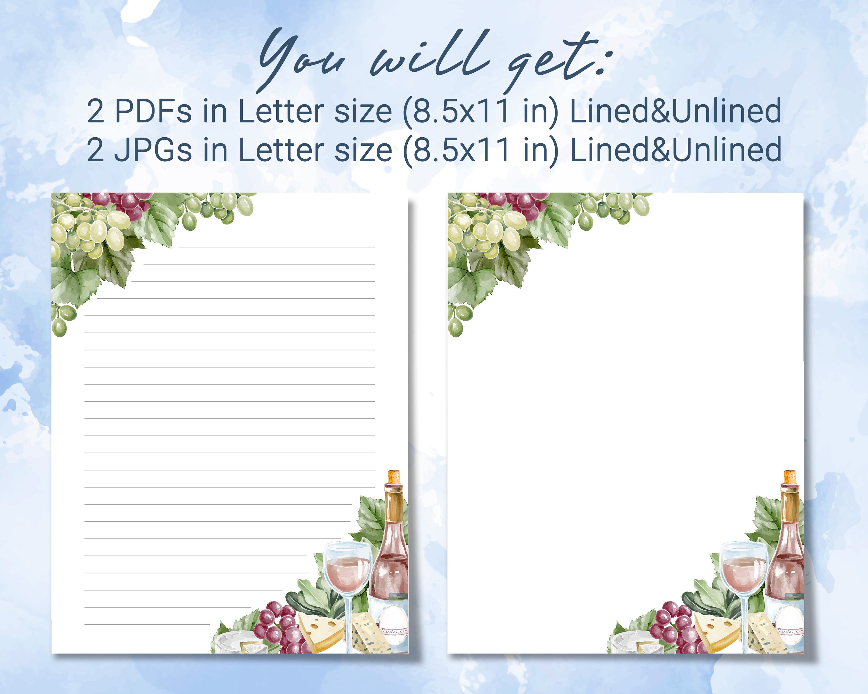 Printable Stationery Lined Paper With Wine, Grapes and Cheese ...