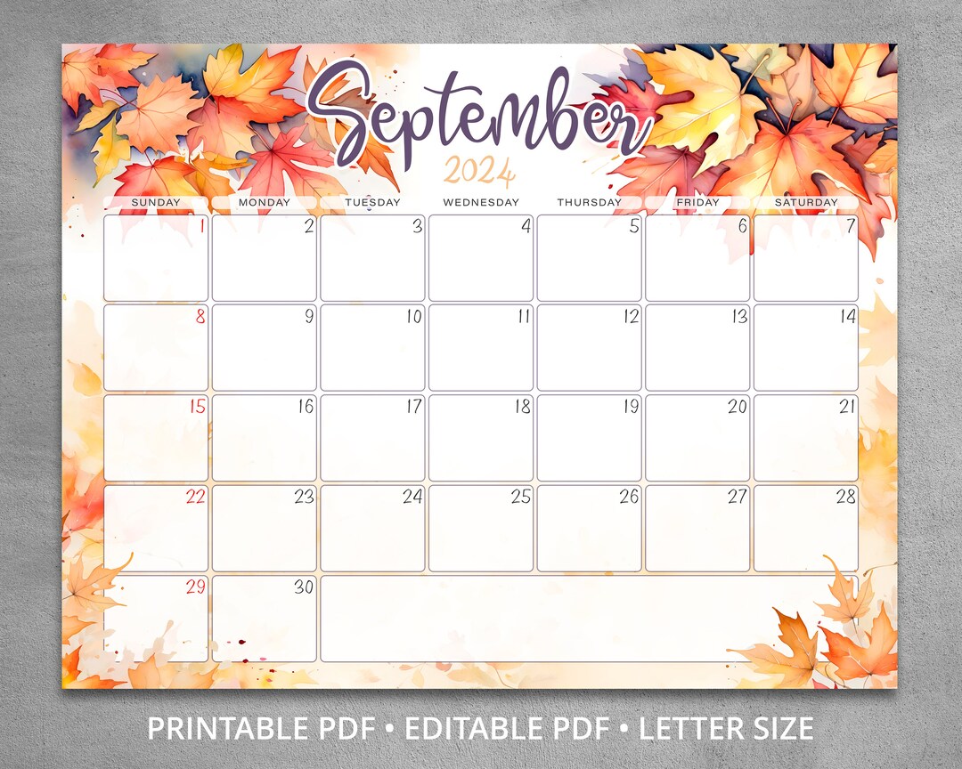 Editable September 2024 Calendar, Wall Calendar With Autumn Leaves ...
