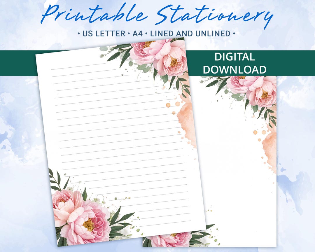 Floral Printable Stationery Paper With Pink Peonies, Spring Printable ...