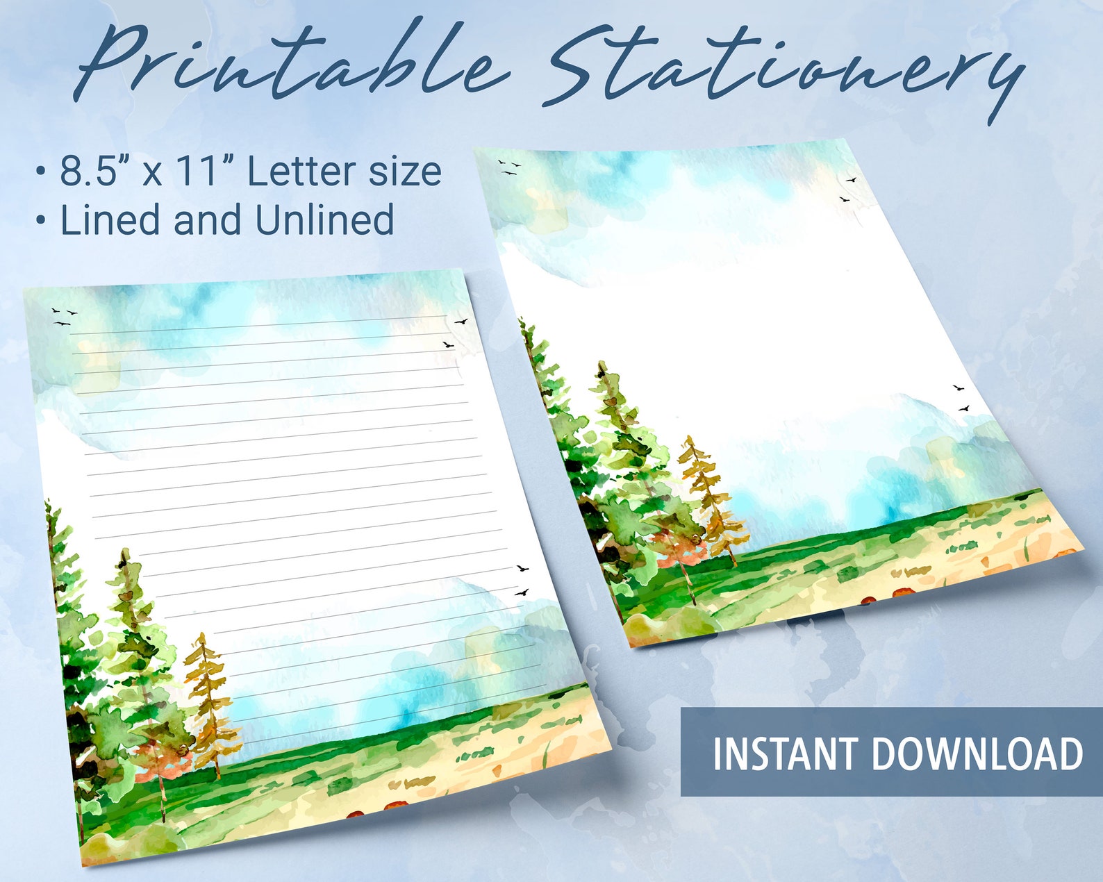 Pine Trees Stationery Paper, Green Field, Blue Sky (digital Download ...