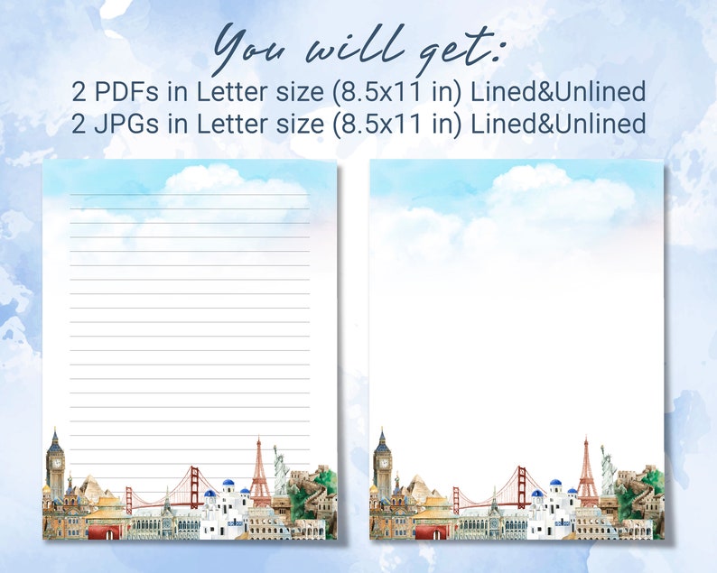Printable Stationery Lined Paper With Set of Famous Landmark, Printable ...