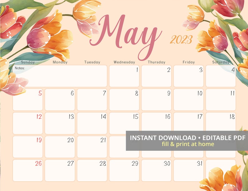 Editable May 2024 Calendar, Floral Wall Calendar 2024 With Tulips ...