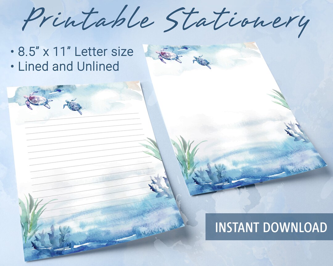Printable Stationery Lined Paper With Sea-inspired and Two Turtles ...
