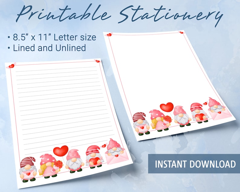 Valentine Gnome Printable Stationery: Lined Writing Paper (PDF & JPEG ...