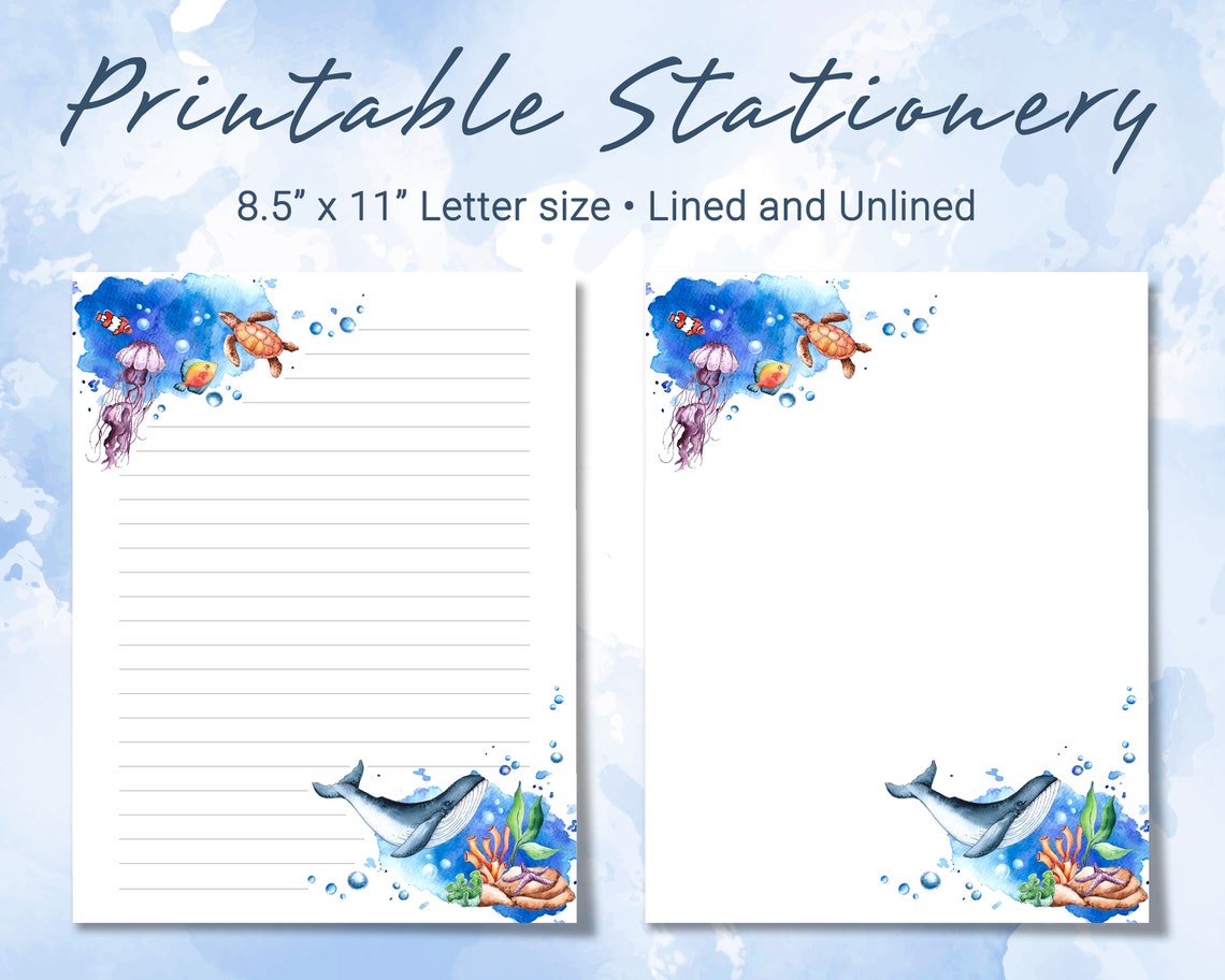 Printable Stationery Lined Paper With Watercolor World Oceans ...
