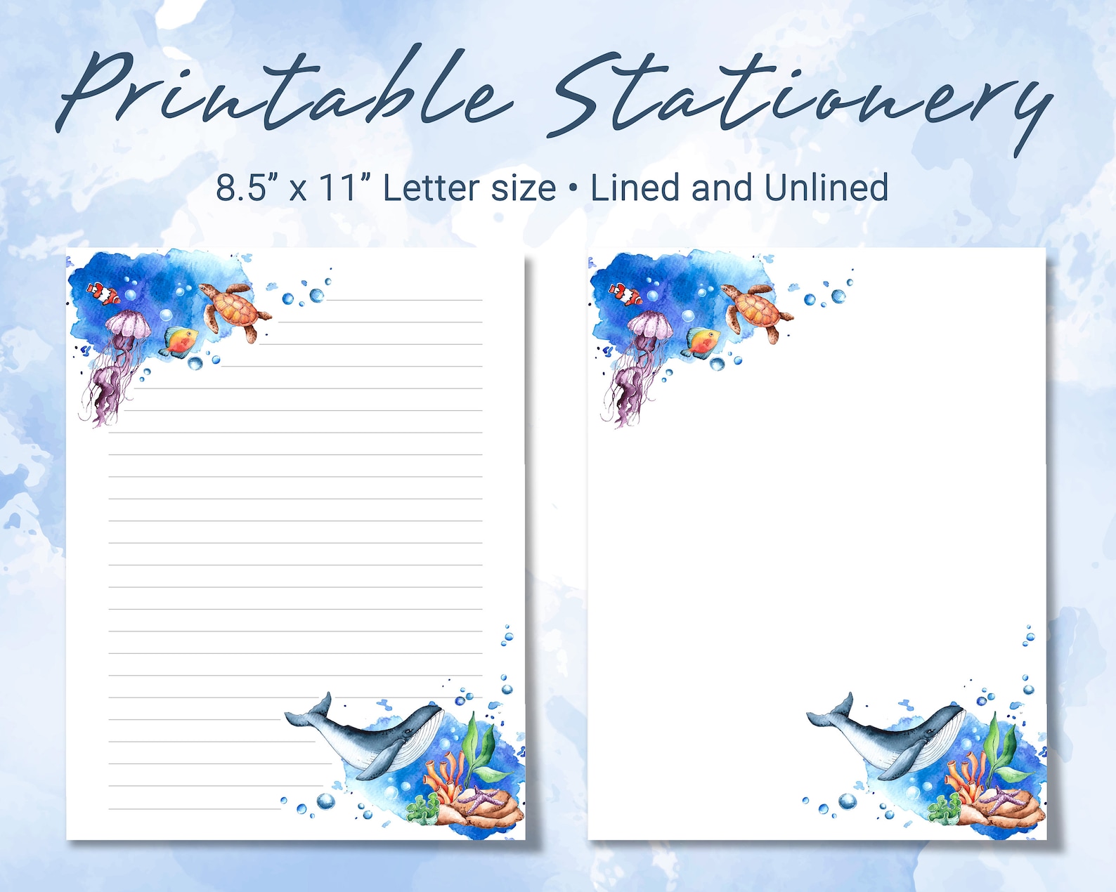Printable Stationery Lined Paper With Watercolor World Oceans ...
